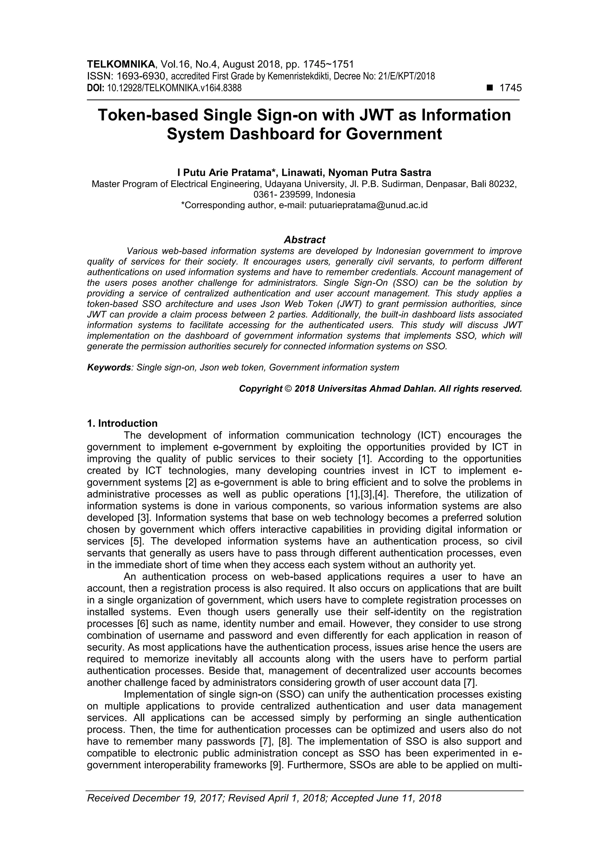 Token-based Single Sign-on with JWT as Information System Dashboard for ...