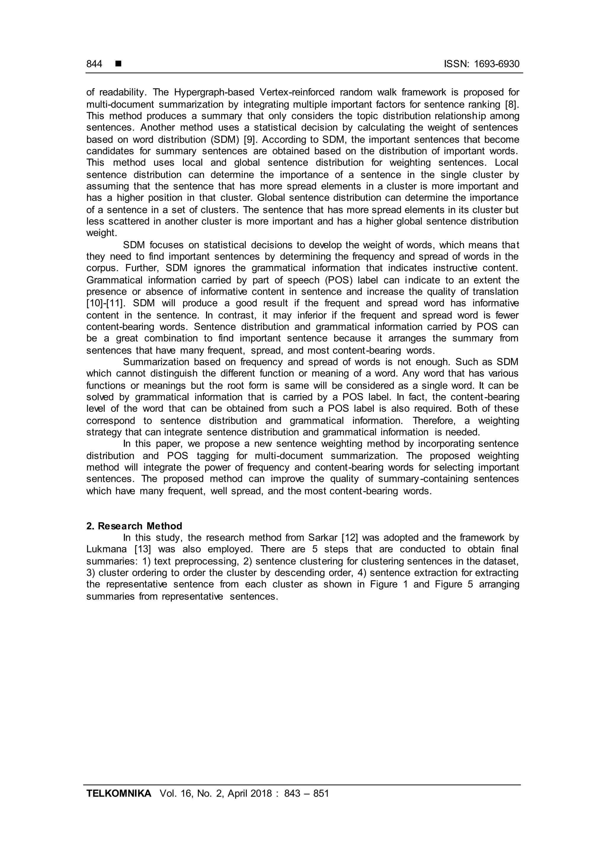 Sentence Extraction Based On Sentence Distribution And Part Of Speech Tagging For Multi Document