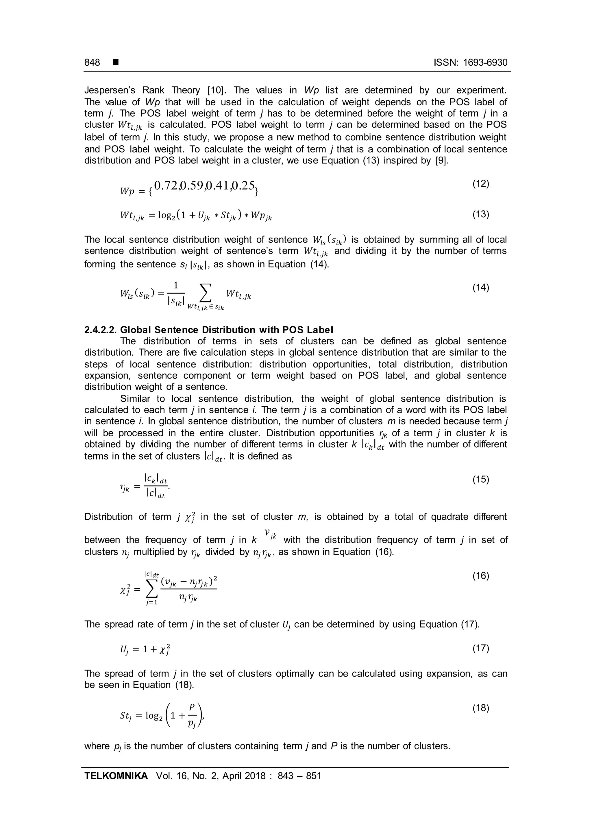 Sentence Extraction Based On Sentence Distribution And Part Of Speech