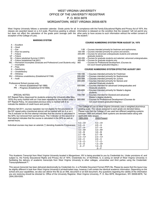 WVU Official Transcript | PDF