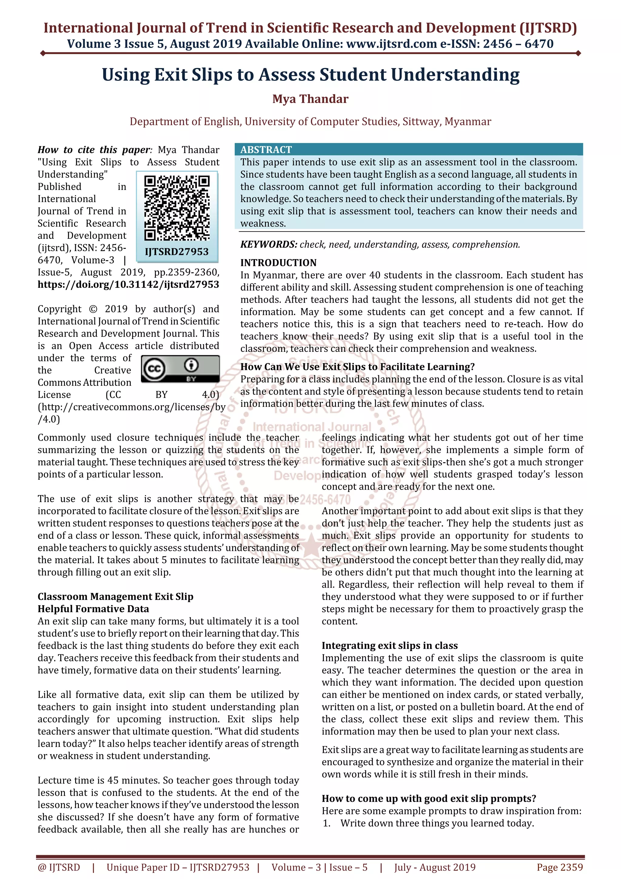 Using Exit Slips to Assess Student Understanding | PDF