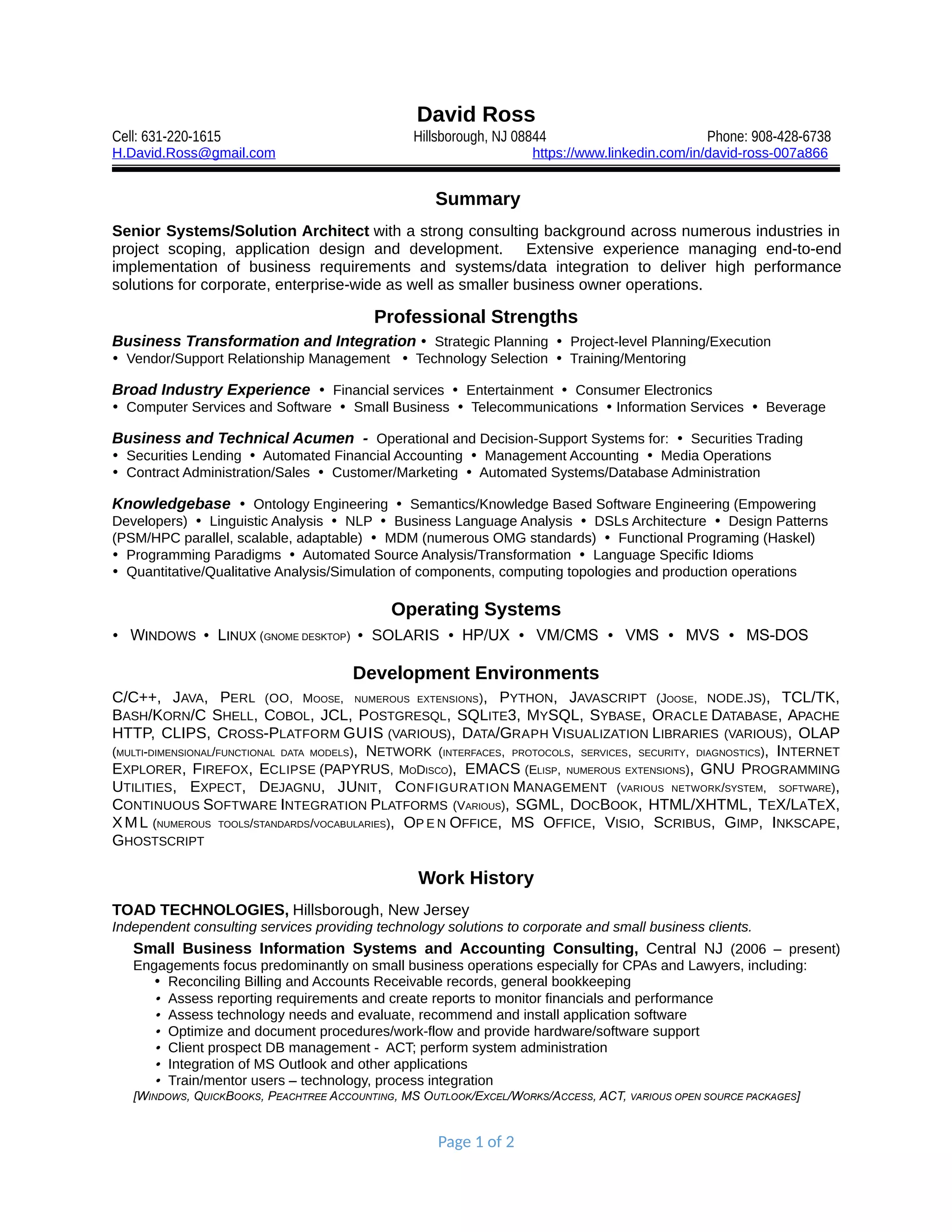 David Ross- Resume -12-01-2016 | PDF