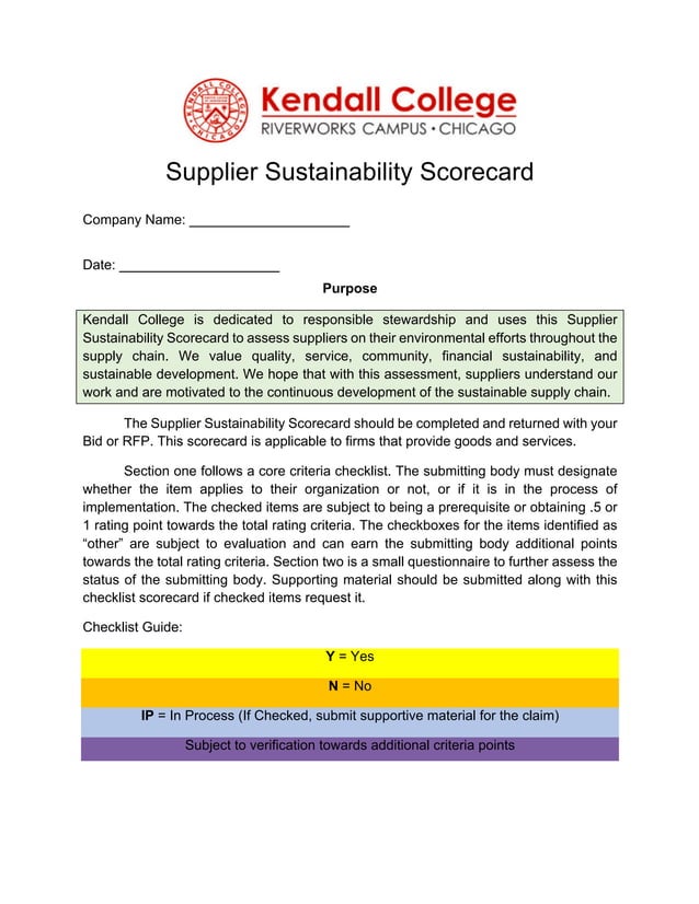 Kendall College Supplier Sustainability Scorecard. | PDF