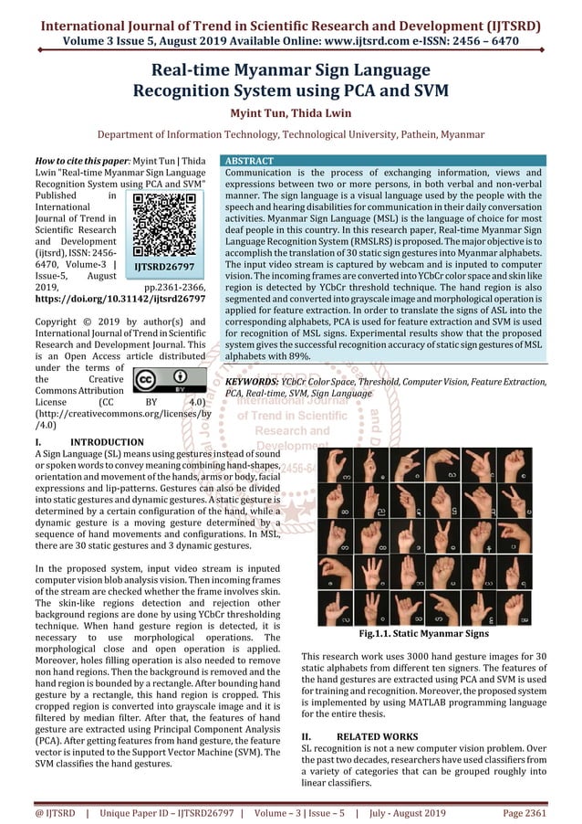 Real time Myanmar Sign Language Recognition System using PCA and SVM | PDF