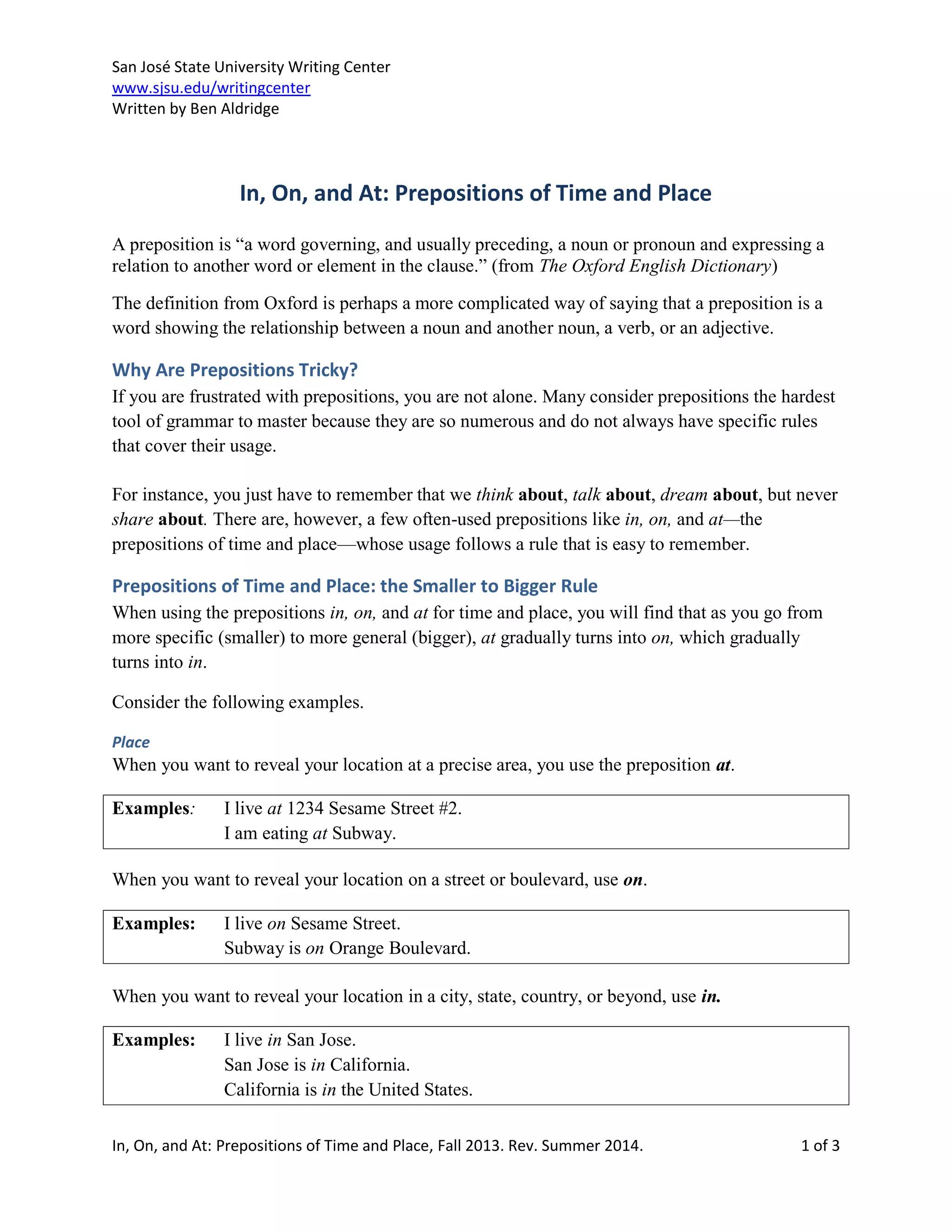 Prepositions of Time and Place | PDF