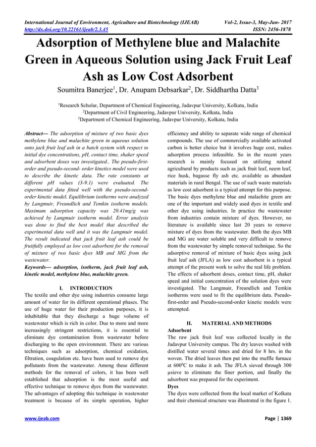 Adsorption of Methylene blue and Malachite Green in Aqueous Solution using Jack Fruit Leaf Ash ...
