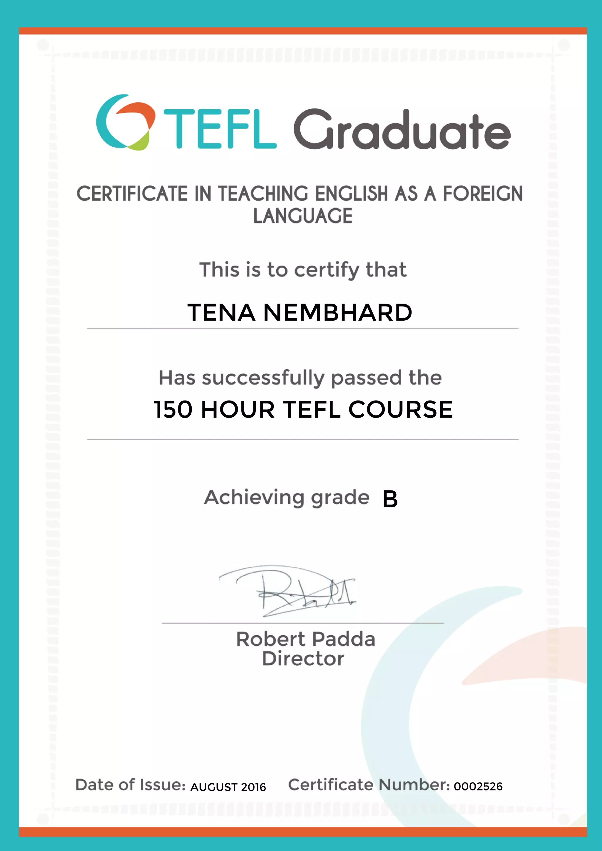 TEFL certificate 0002526.Tena Nembhard | PDF