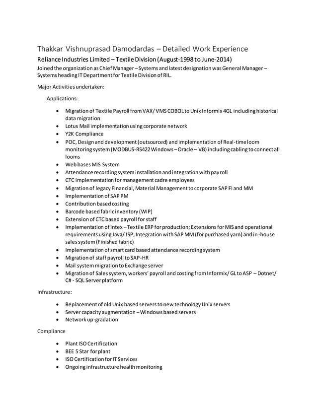 VD Thakkar RIL 2 Detailed Work Experience | PDF