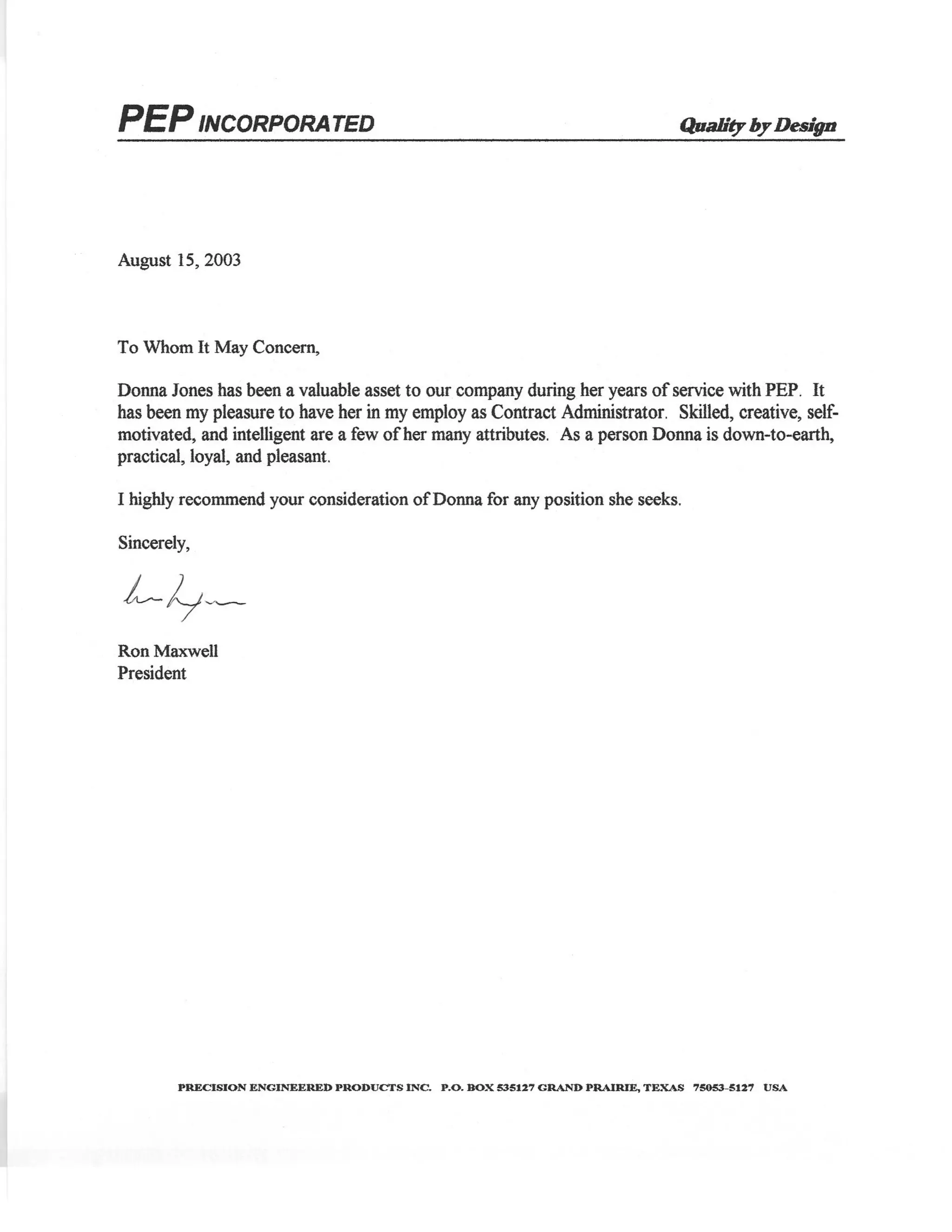 Donna PEP Ron Maxwell Reference Letter | PDF