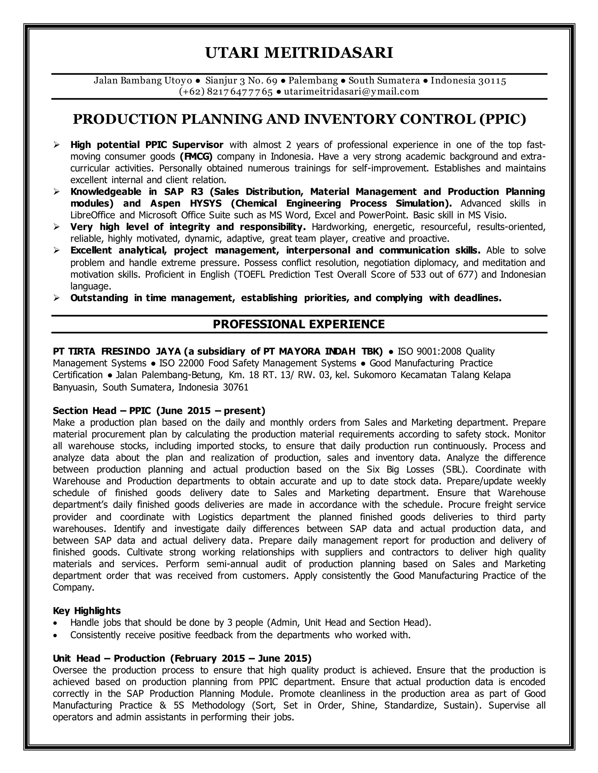 CV - Utari Meitridasari - Section Head PPIC (2) | DOCX