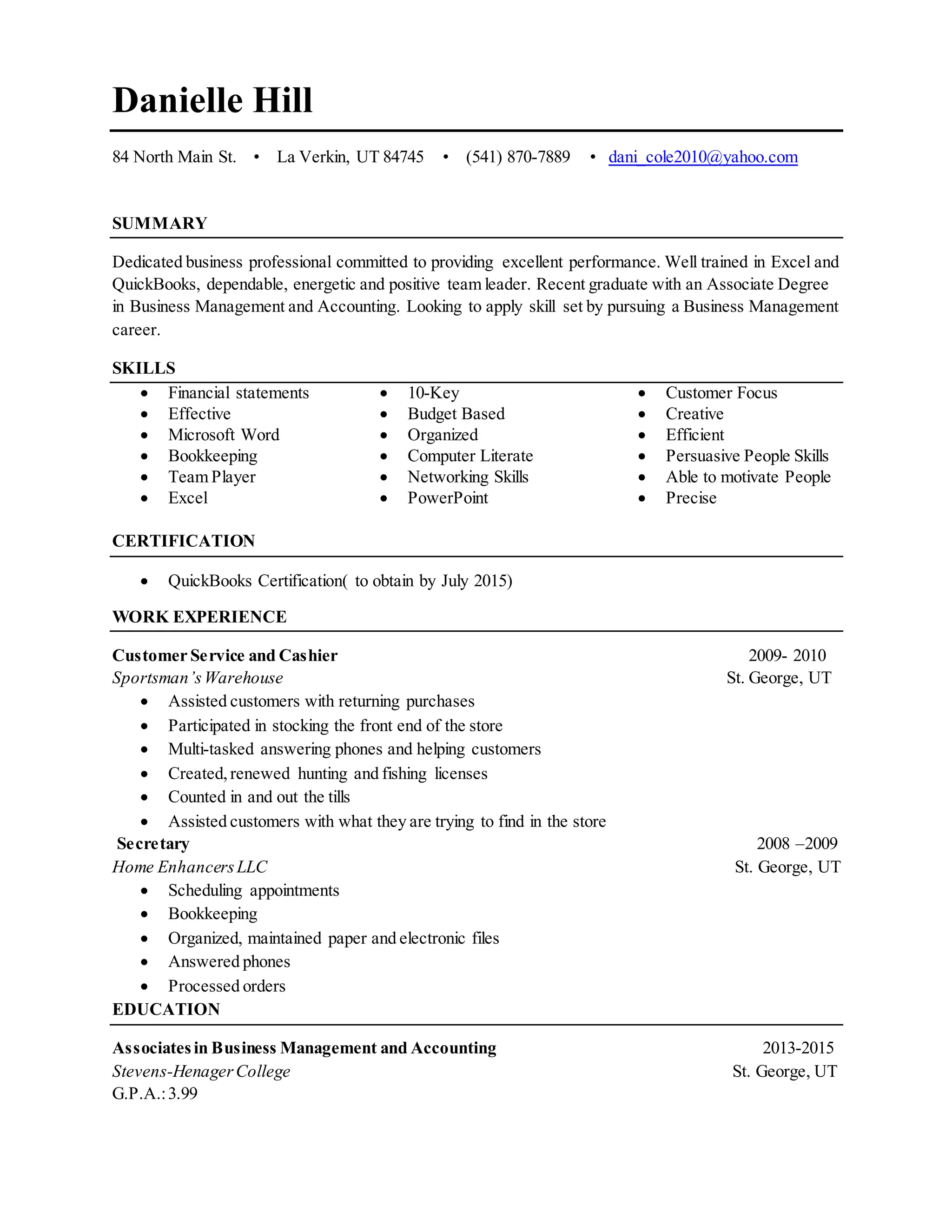 Danielle Hill Combination Resume | PDF