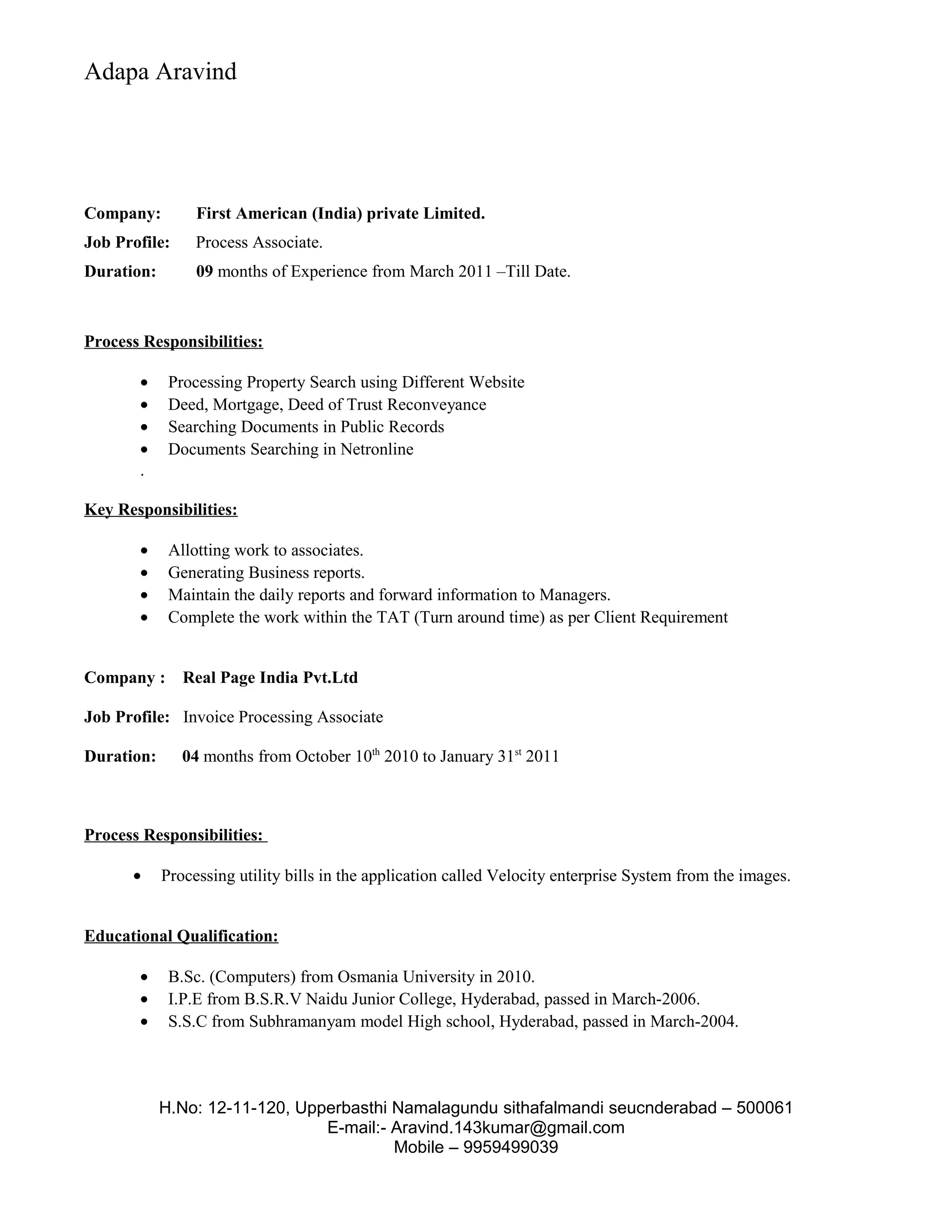 Aravind Resume | DOC