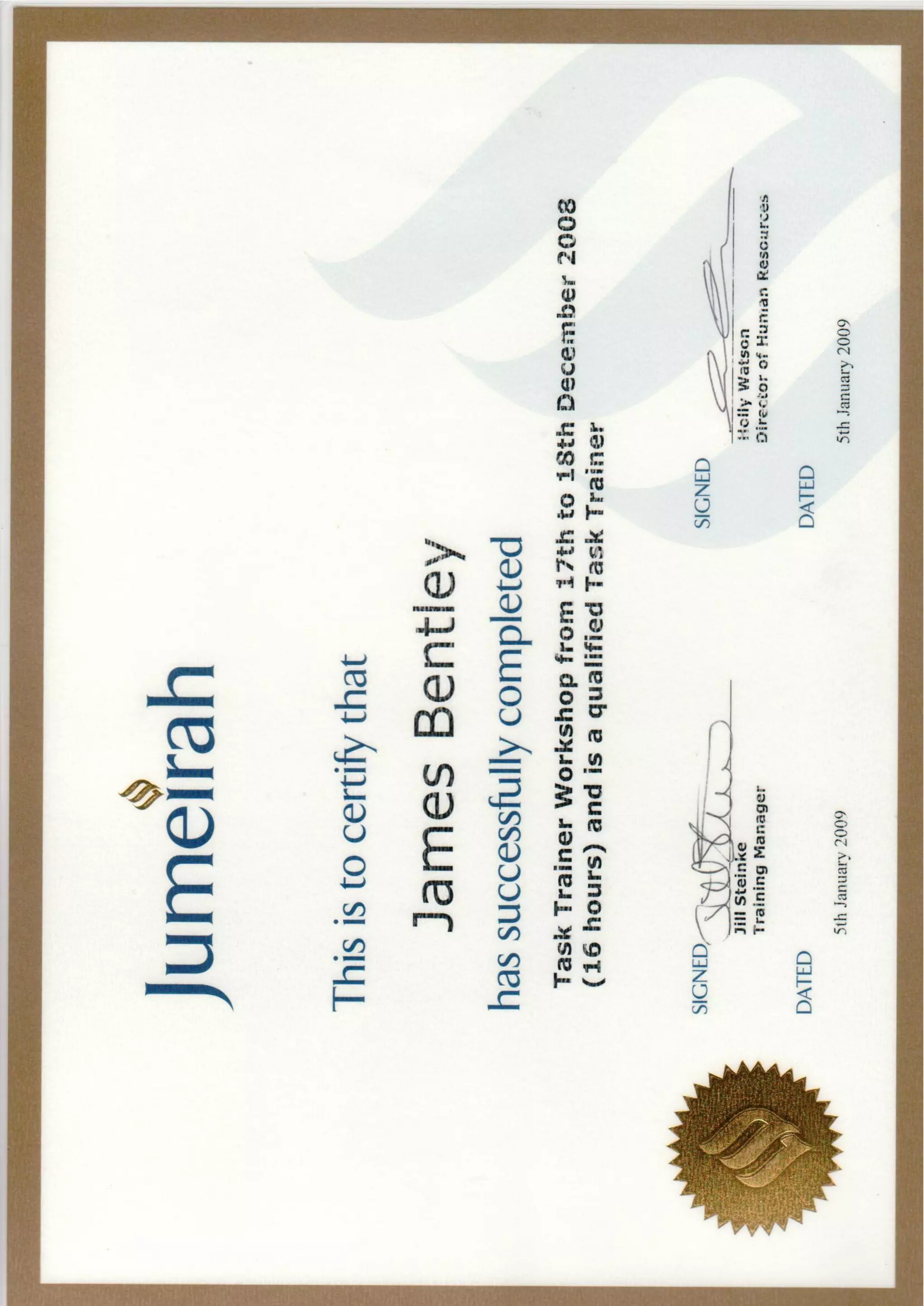 JUMEIRAH Task Trainer Certification | PDF