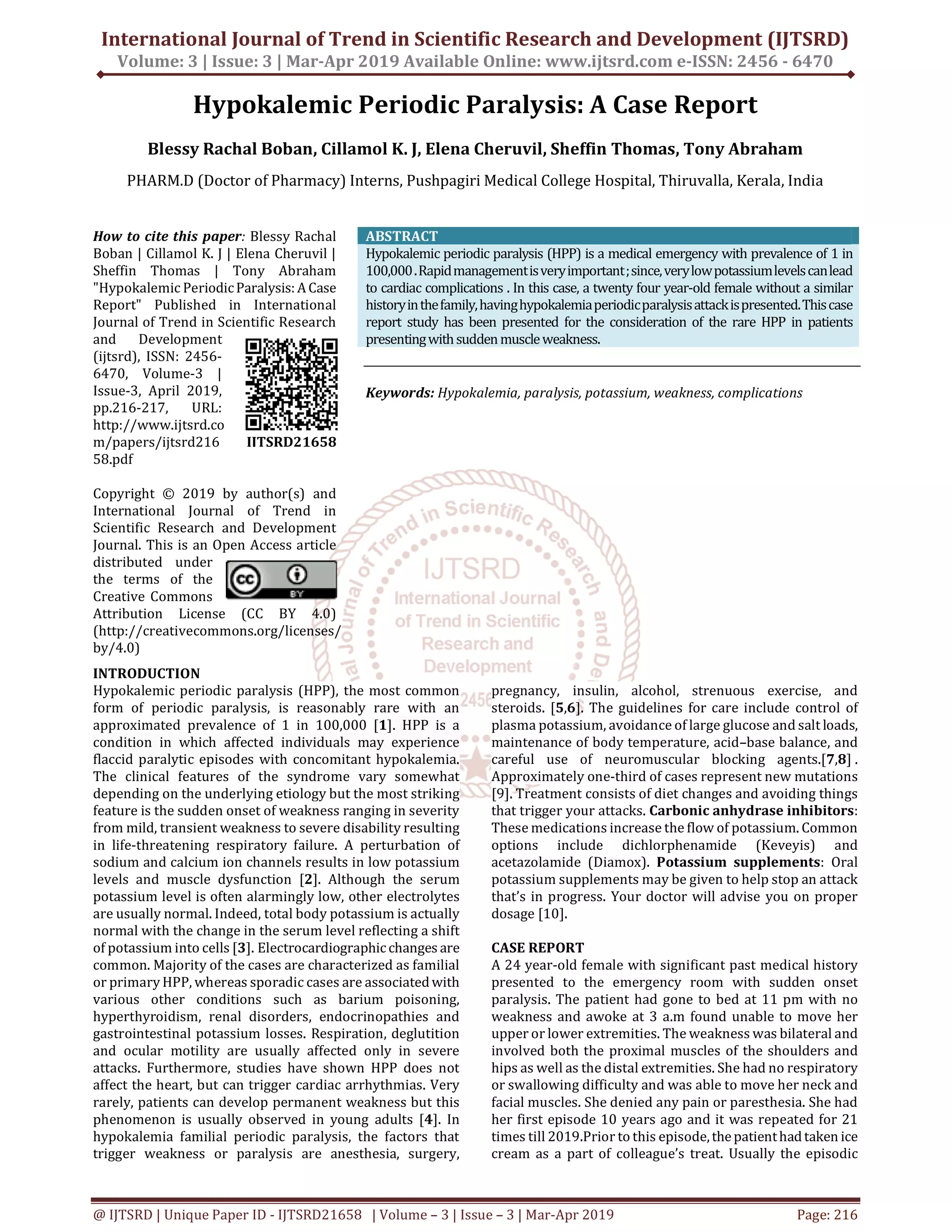Hypokalemic Periodic Paralysis A Case Report | PDF