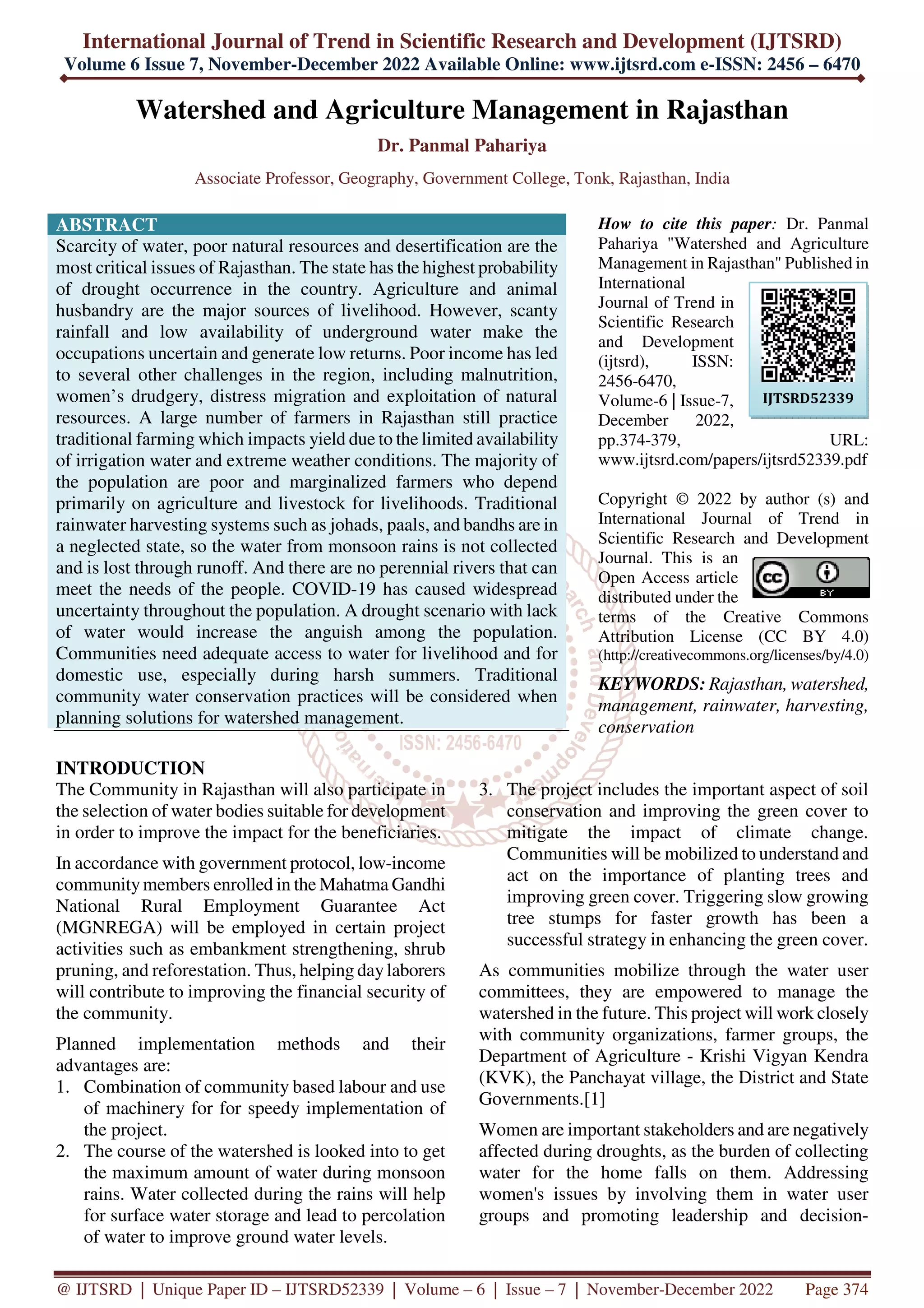 Watershed and Agriculture Management in Rajasthan | PDF