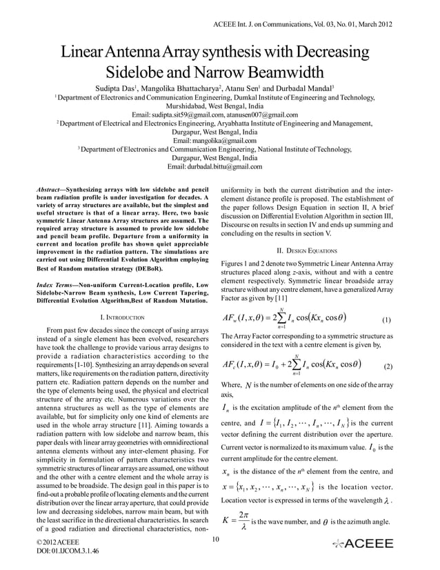 Linear Antenna Array synthesis with Decreasing Sidelobe and Narrow Beamwidth | PDF