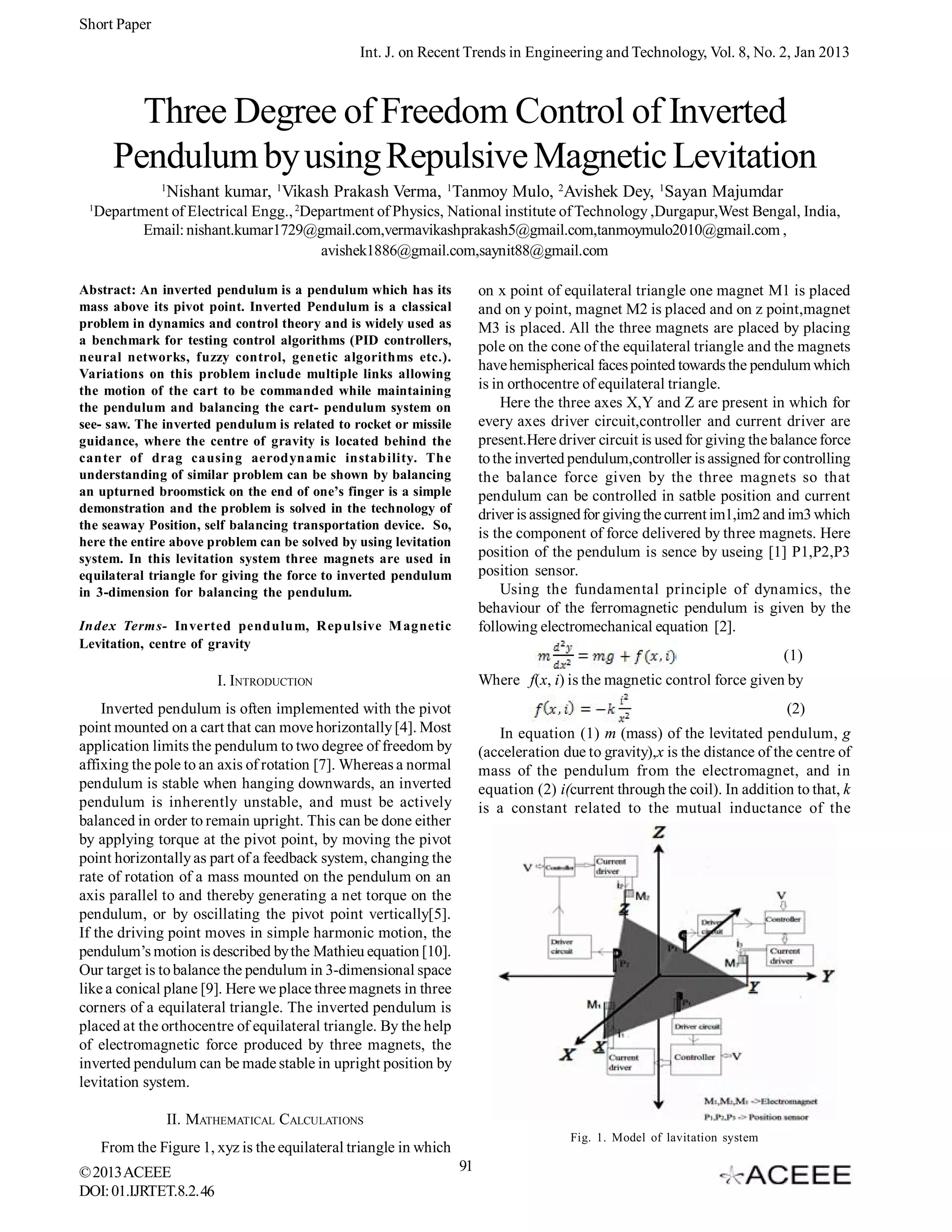 Three Degree of Freedom Control of Inverted Pendulum by using Repulsive Magnetic Levitation | PDF