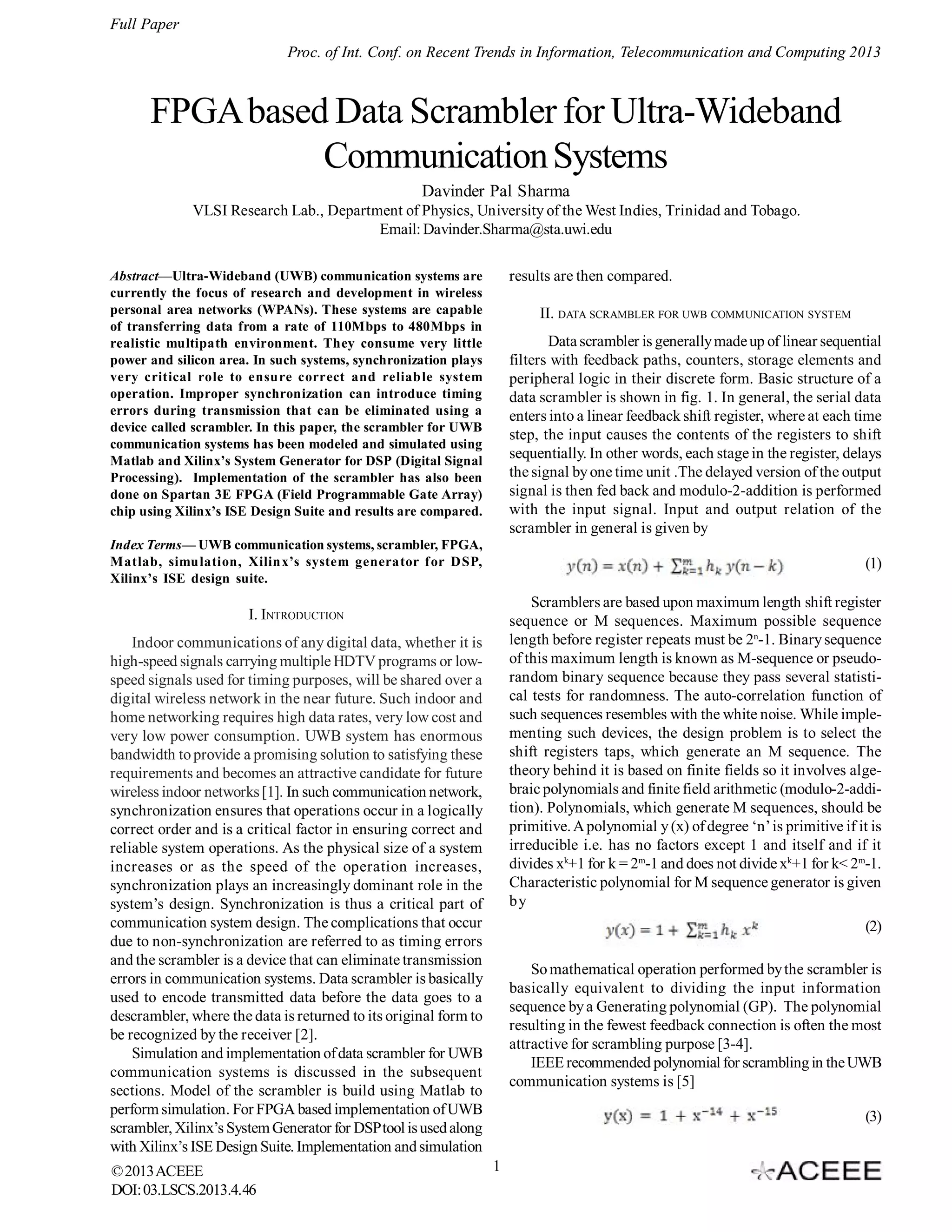 FPGA based Data Scrambler for Ultra-Wideband Communication Systems | PDF