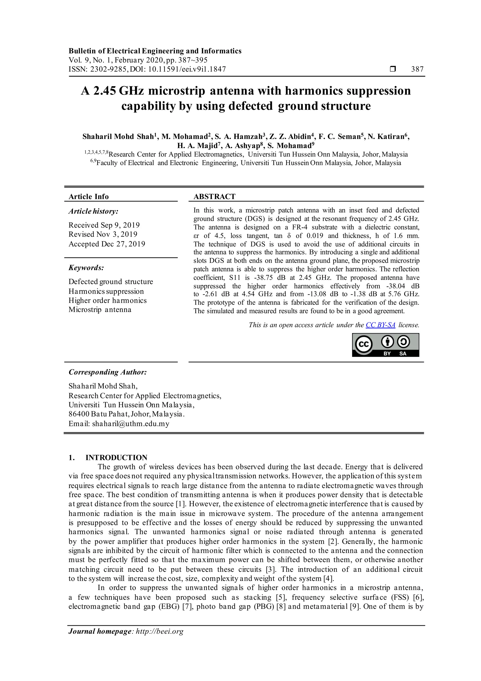 A 2.45 GHz microstrip antenna with harmonics suppression capability by ...