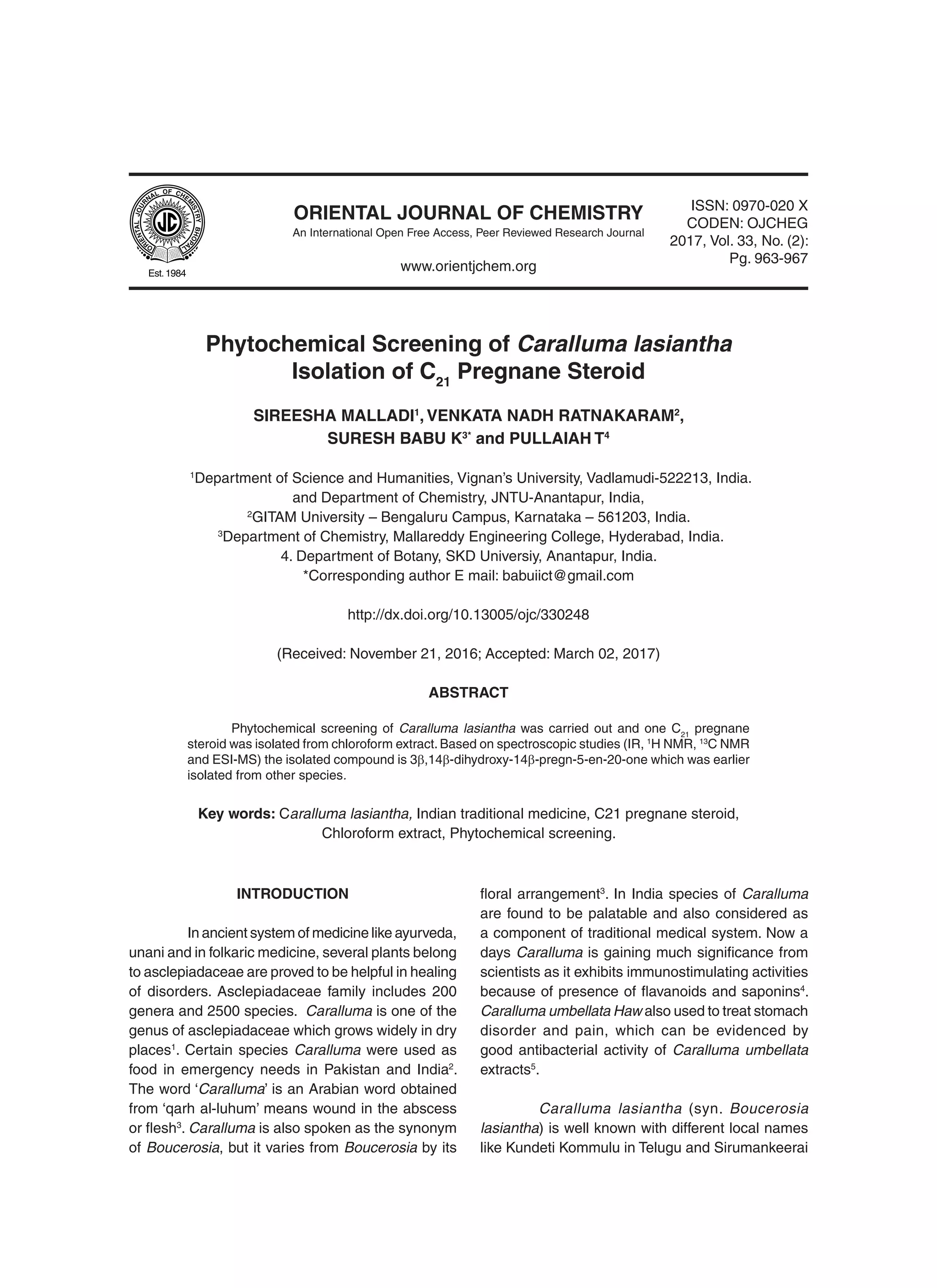 Phytochemical Screening of Caralluma lasiantha Isolation of C21 ...