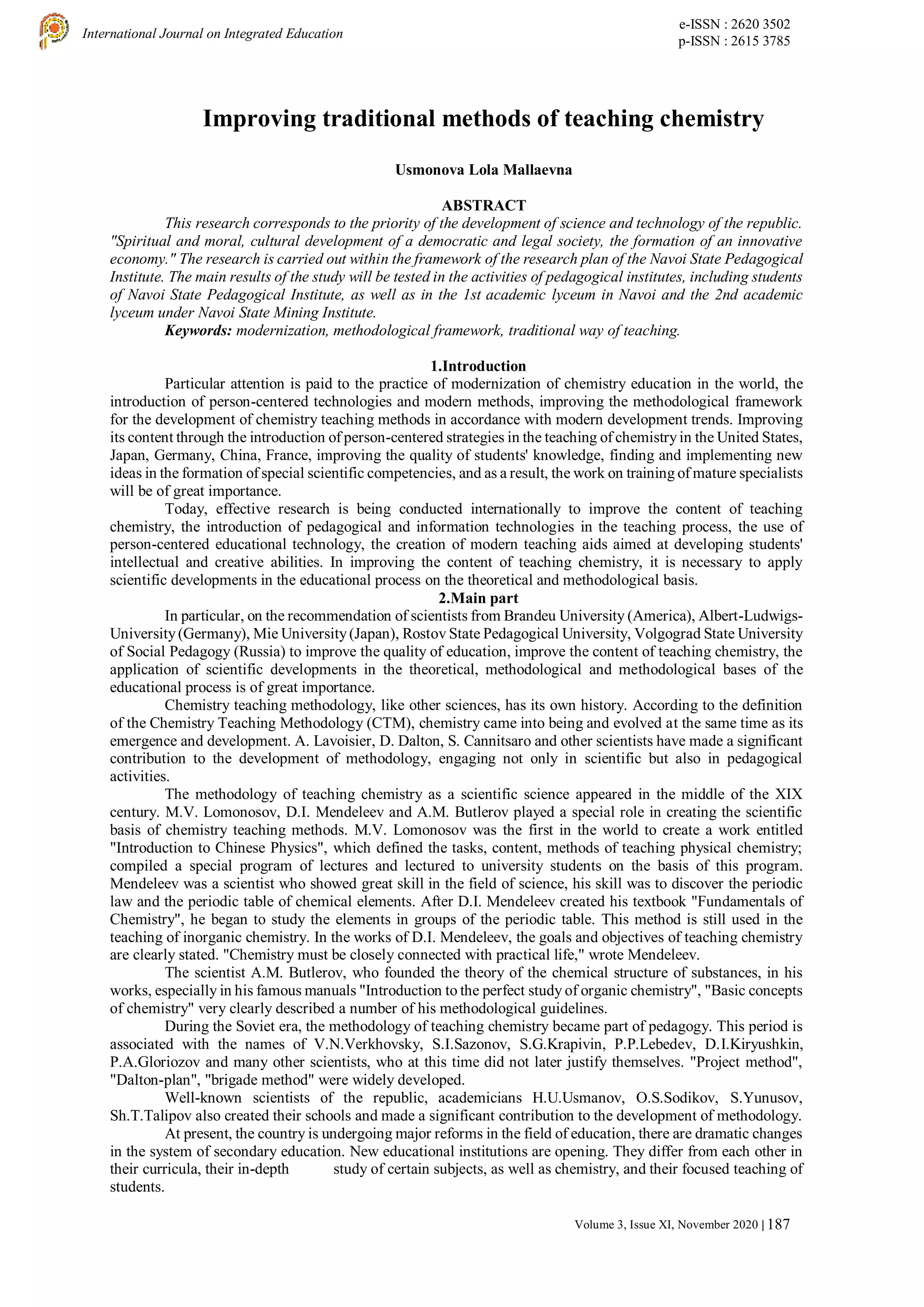 Improving traditional methods of teaching chemistry | PDF