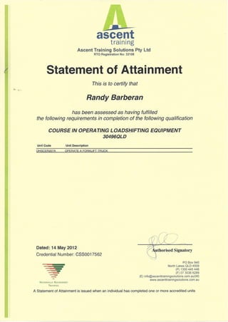 Statement of Attainment in Forkilift | PDF