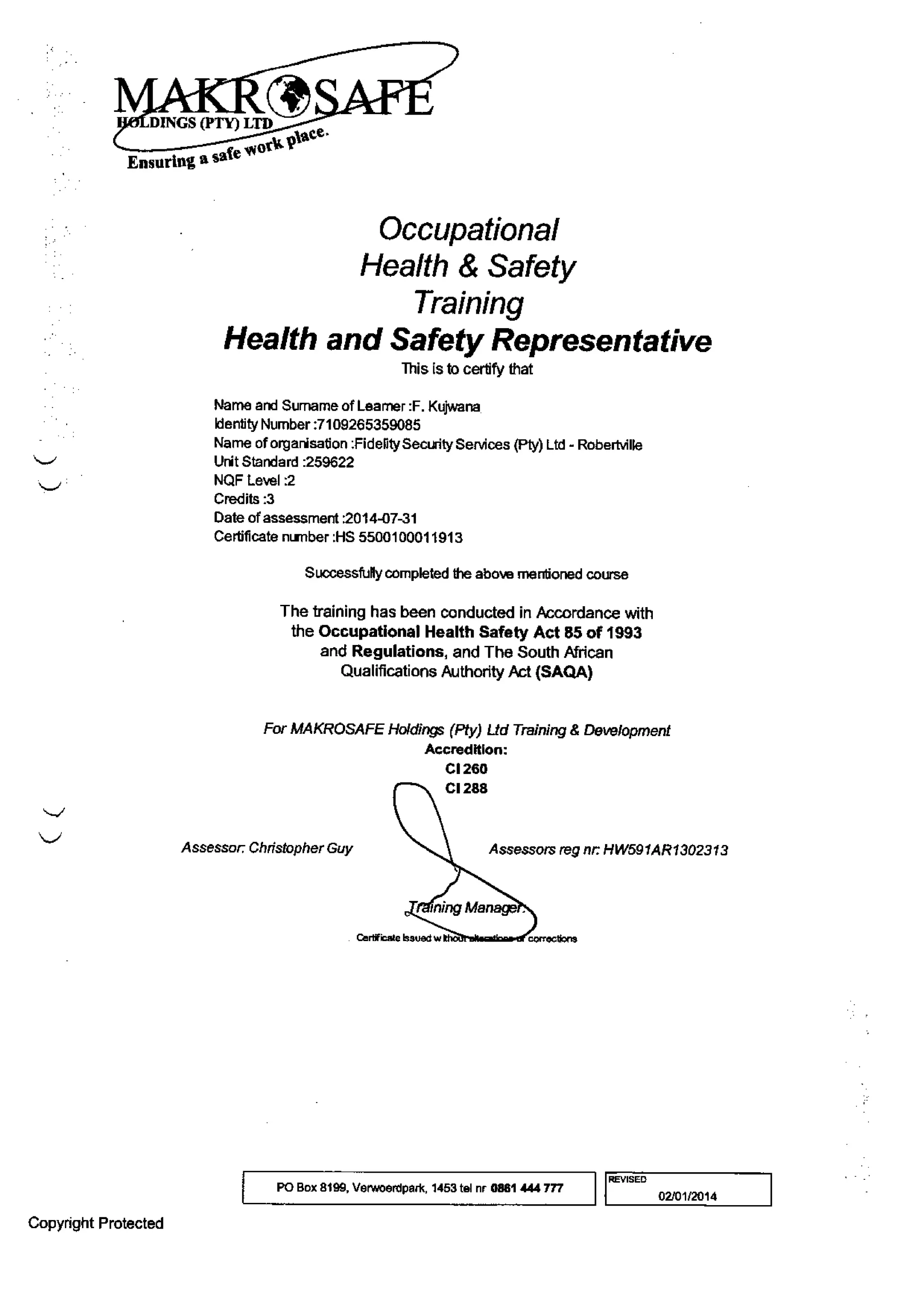 Frans Kujwana Health & Safety Documents | PDF