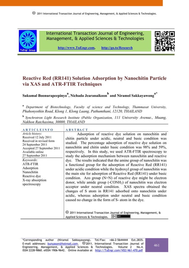 Reactive Red (RR141) Solution Adsorption by Nanochitin Particle via XAS and ATR-FTIR Techniques ...