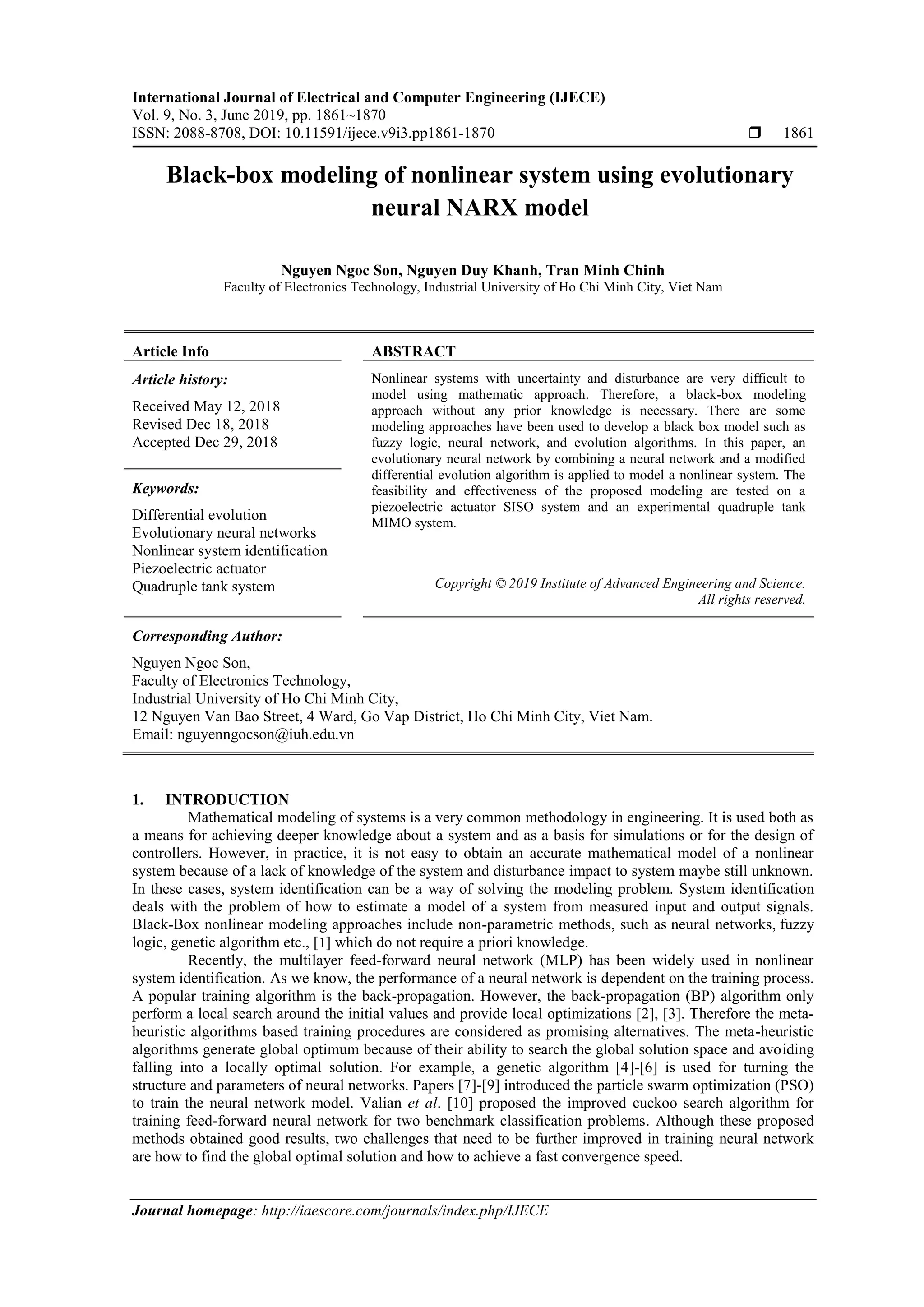 Black Box Modeling Of Nonlinear System Using Evolutionary Neural Narx