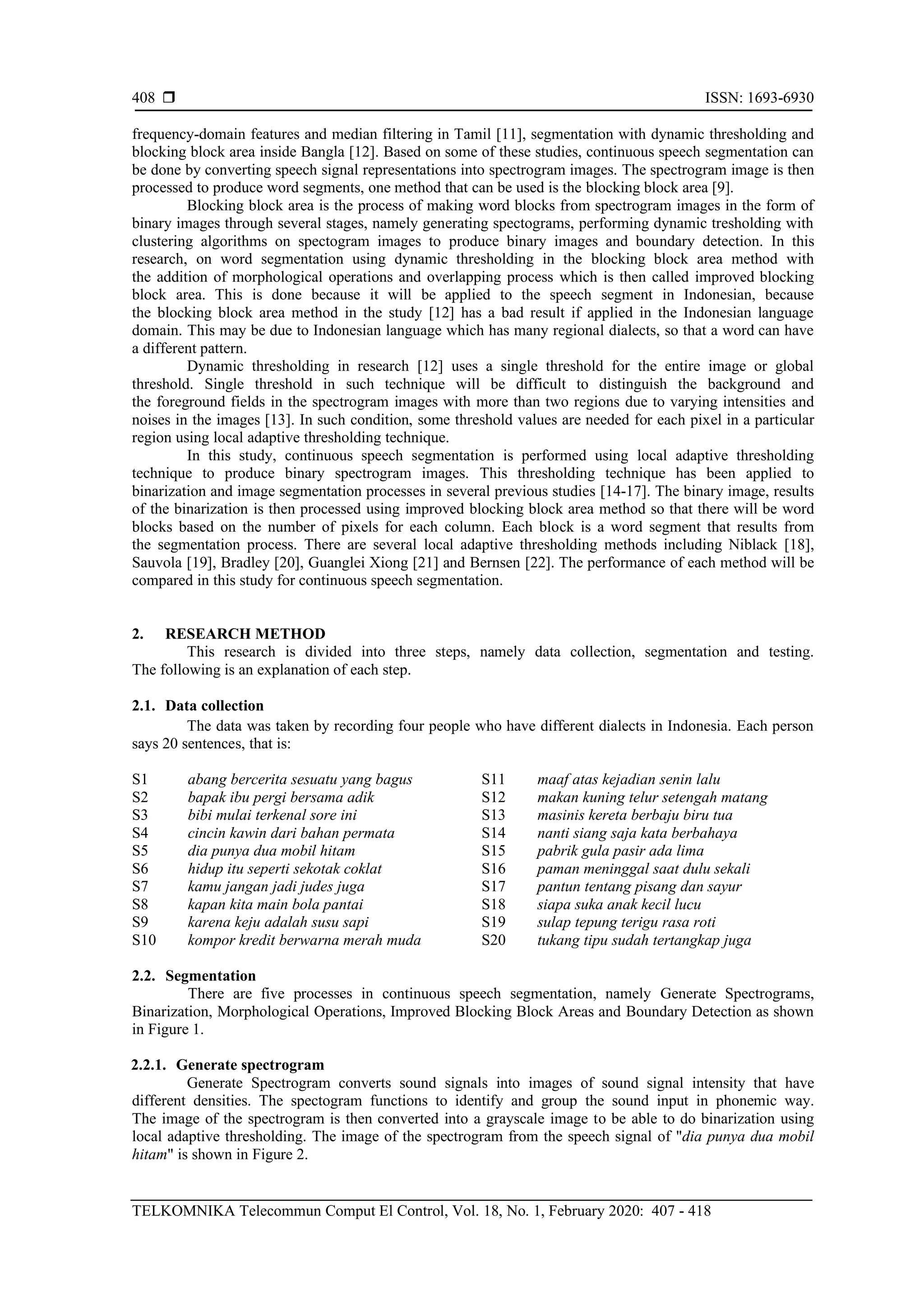 Continuous Speech Segmentation Using Local Adaptive Thresholding