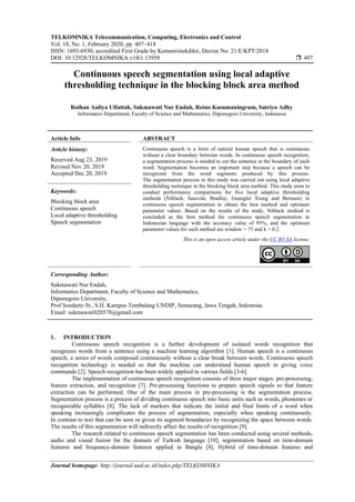 Continuous speech segmentation using local adaptive thresholding technique in the blocking block ...