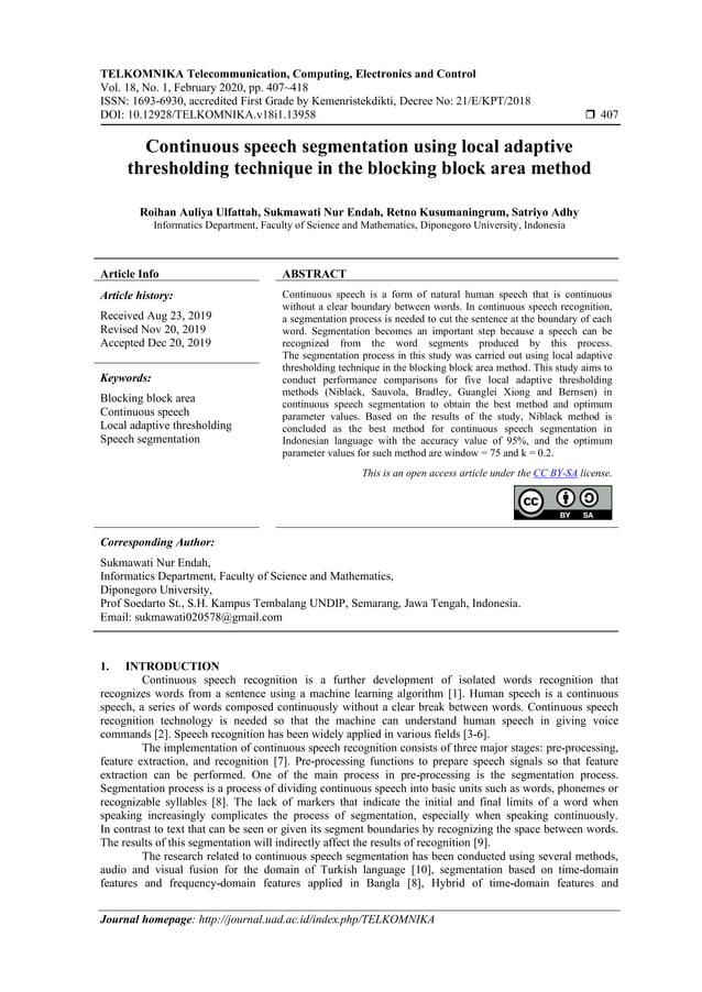 Continuous speech segmentation using local adaptive thresholding technique in the blocking block ...