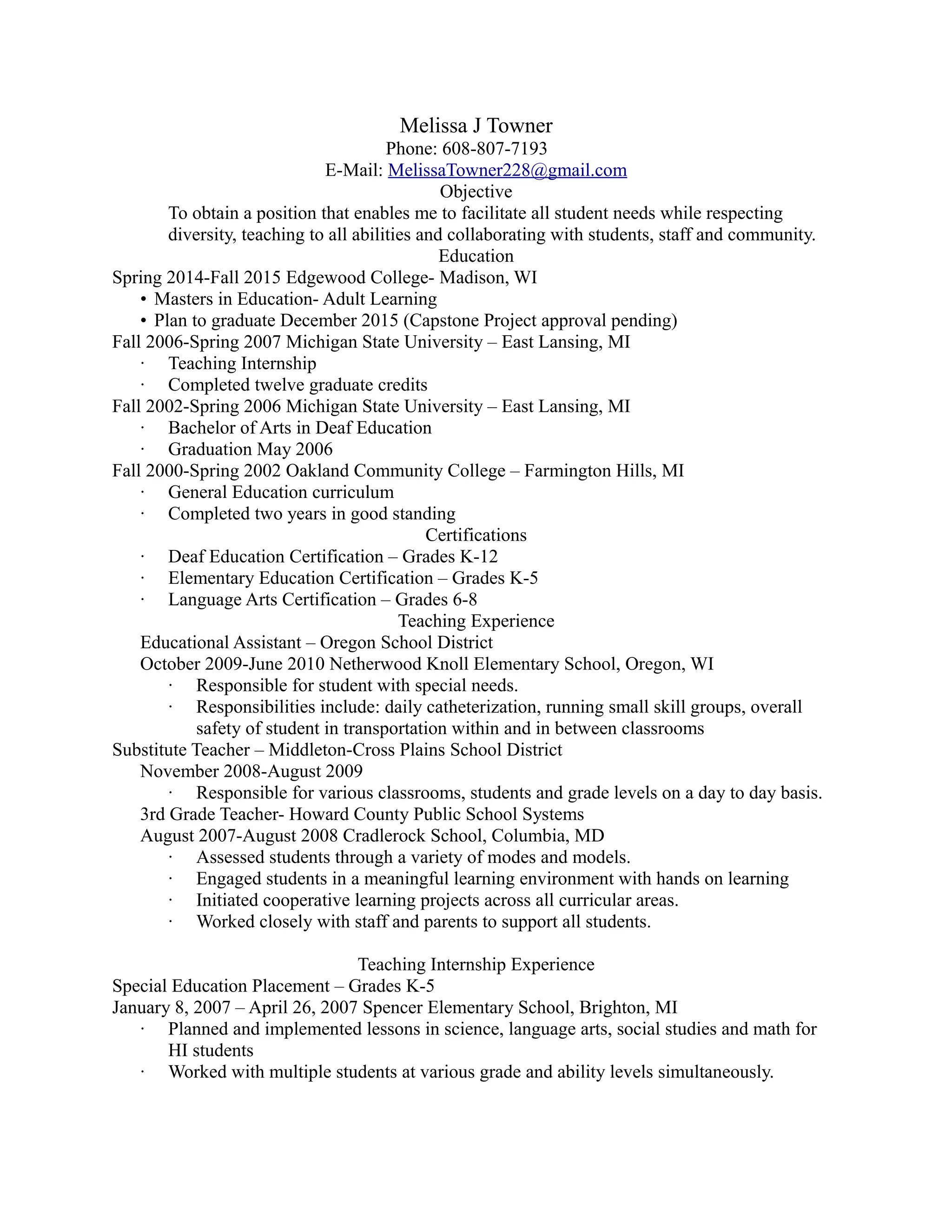 Professional Resume (Melissa Towner) Linkedin | DOC