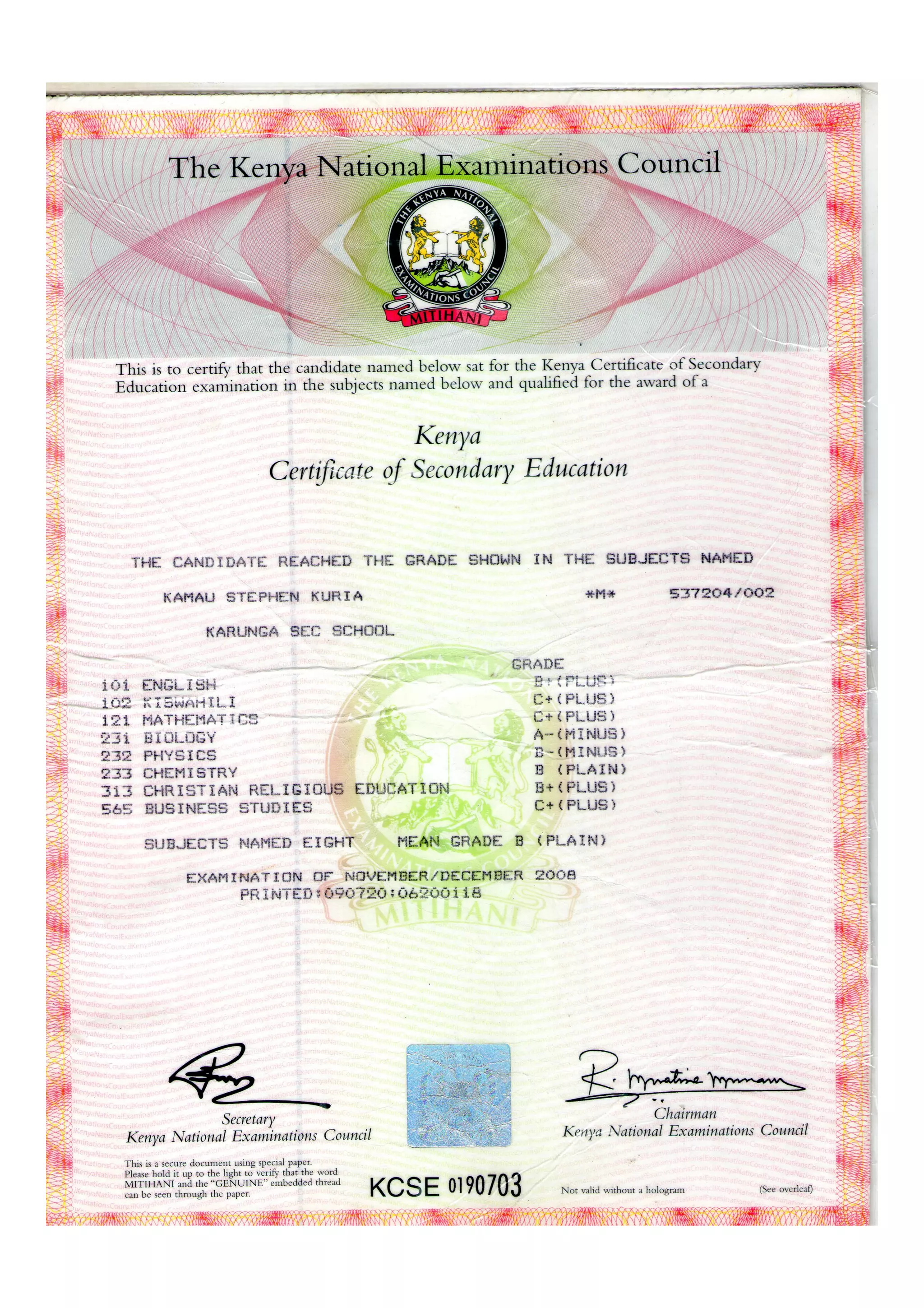 KCSE Certificate | PDF