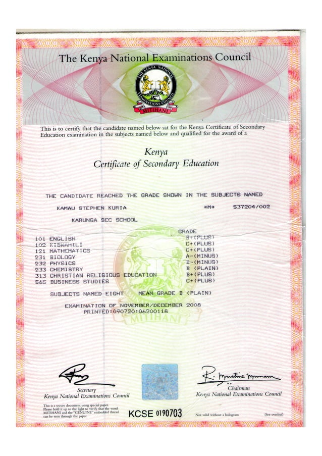 KCSE Certificate | PDF