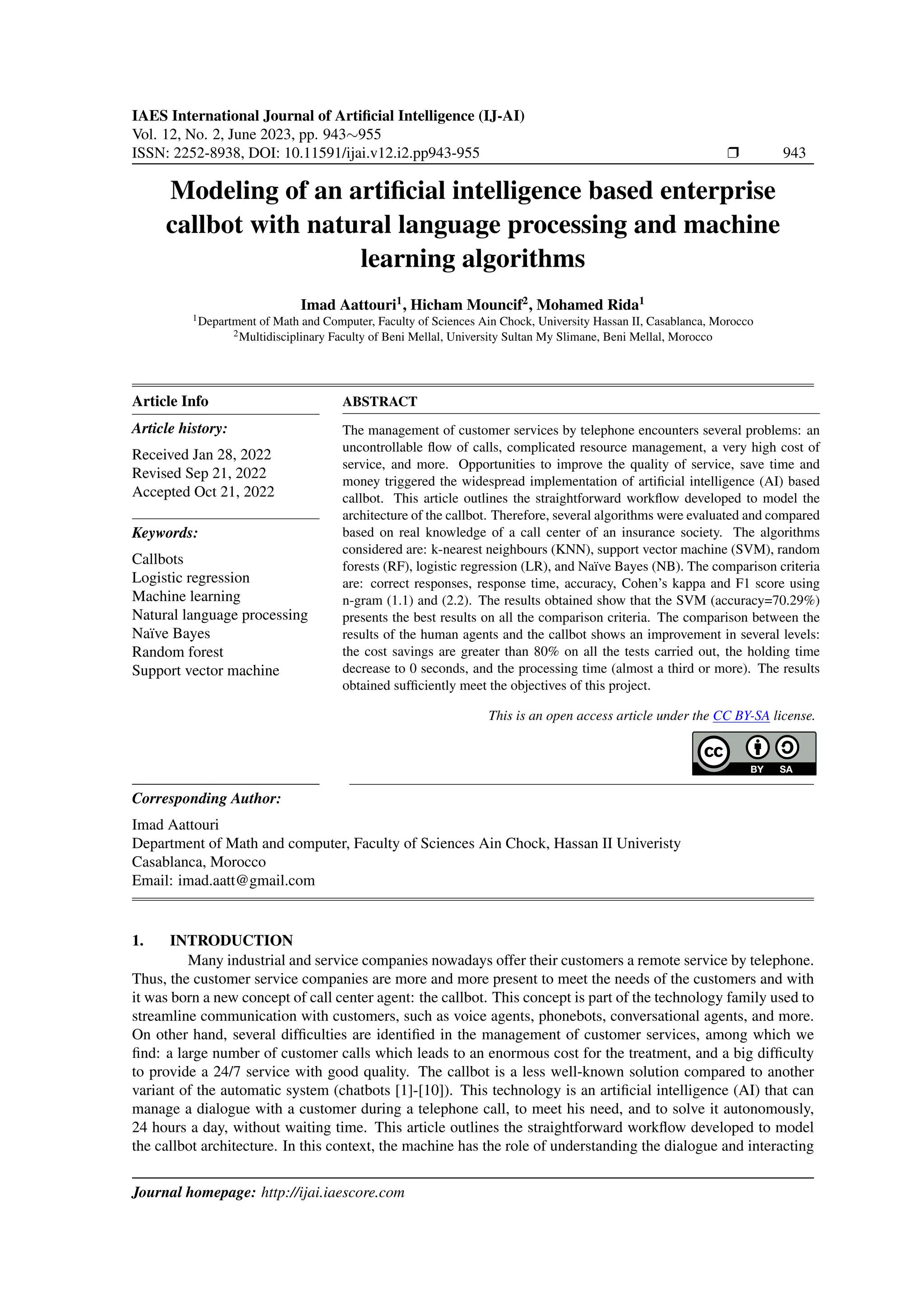 Modeling of an artificial intelligence based enterprise callbot with natural language processing ...