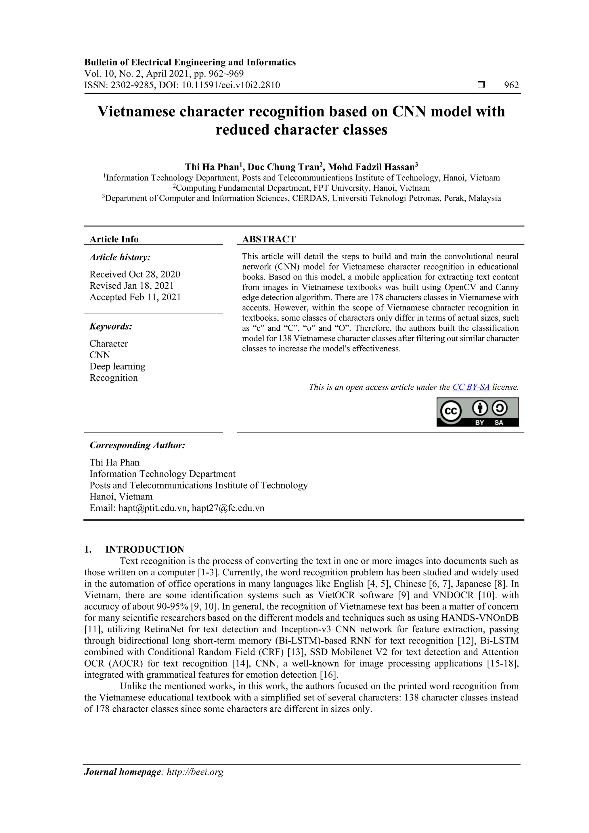 Vietnamese character recognition based on CNN model with reduced ...