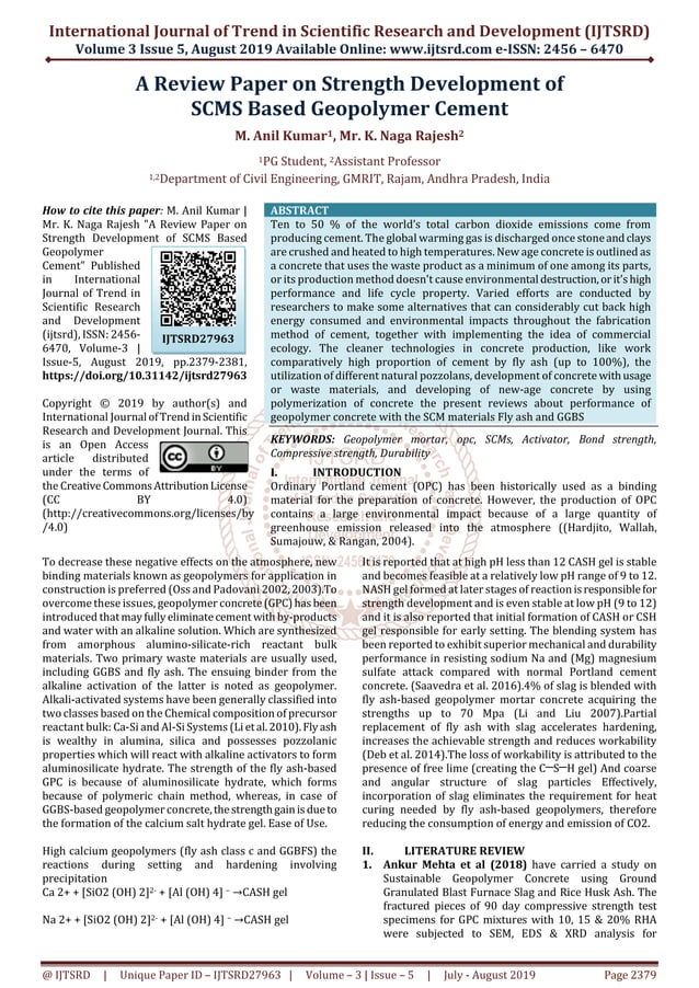 A Review Paper on Strength Development of SCMS Based Geopolymer Cement ...