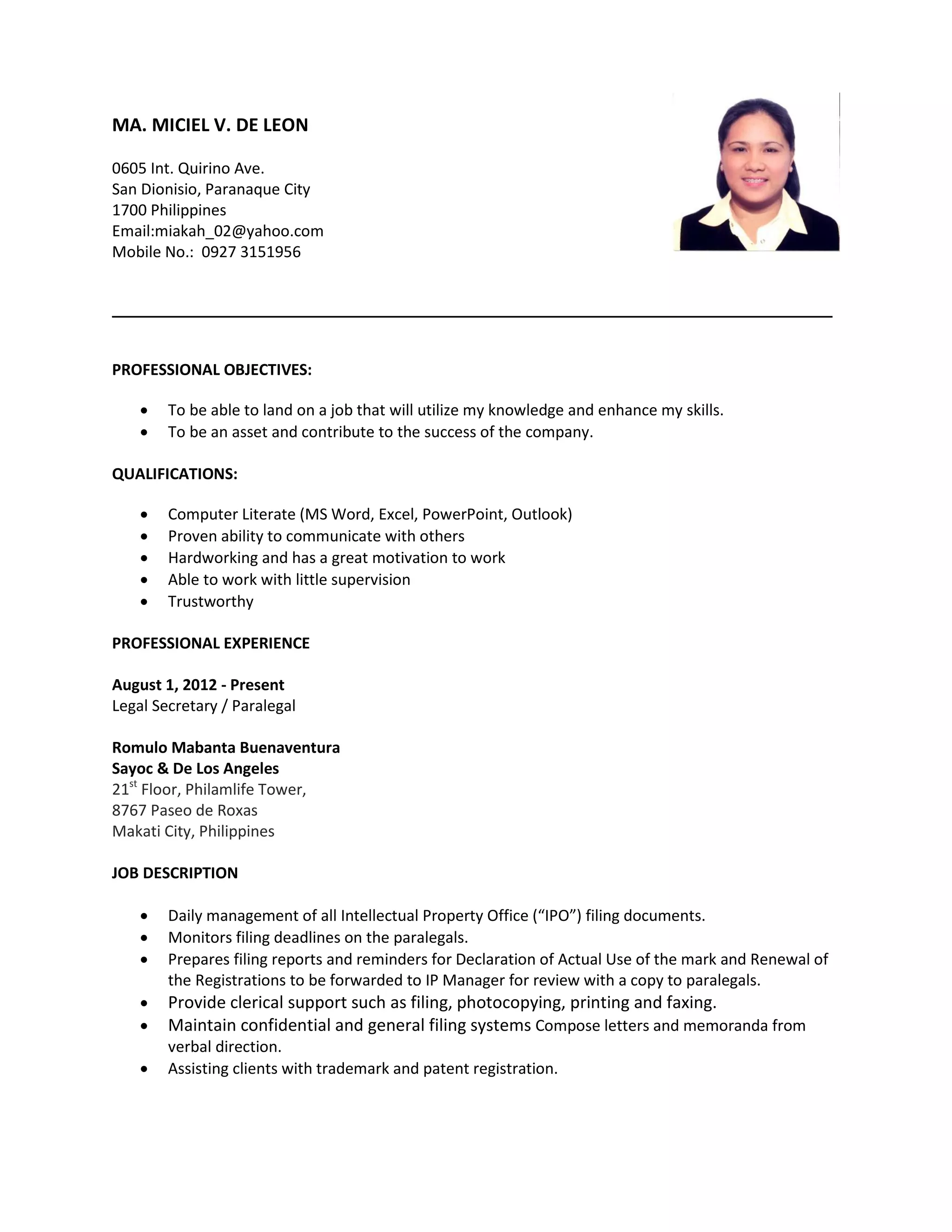 Resume-Miciel de Leon2 | PDF | Legal Services Industry | Industries