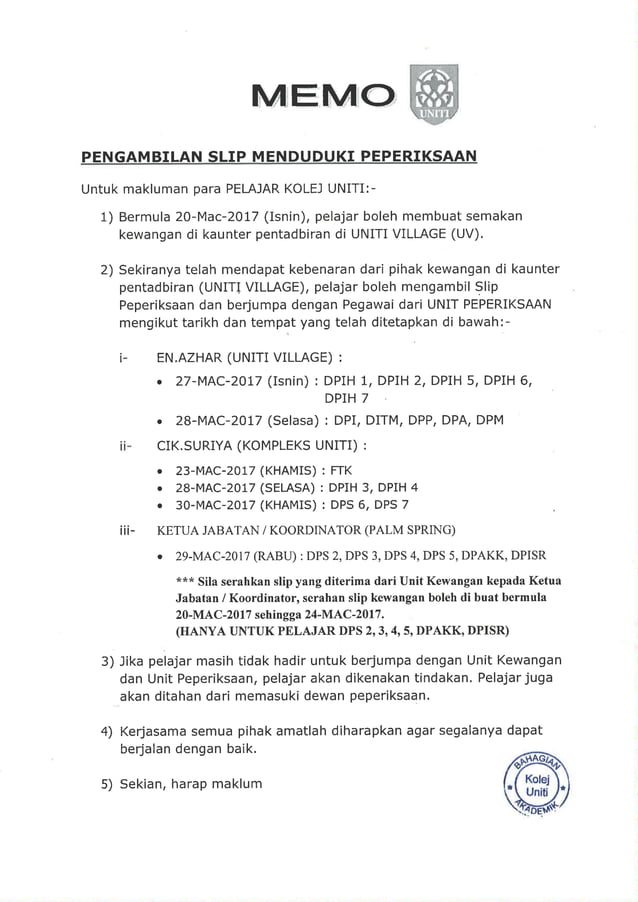Memo Pengambilan Slip Menduduki Peperiksaan | PDF