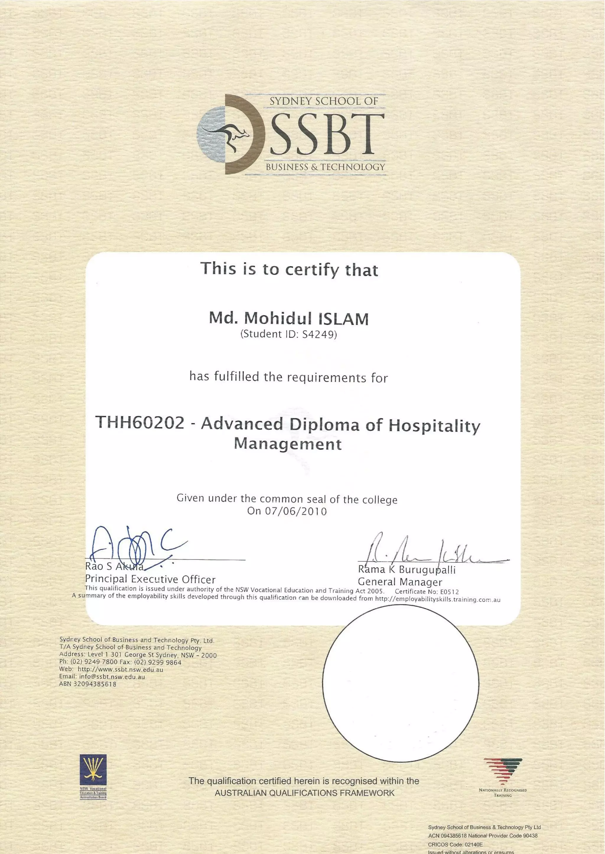 advenched diploma of hospitality management certificate | PDF
