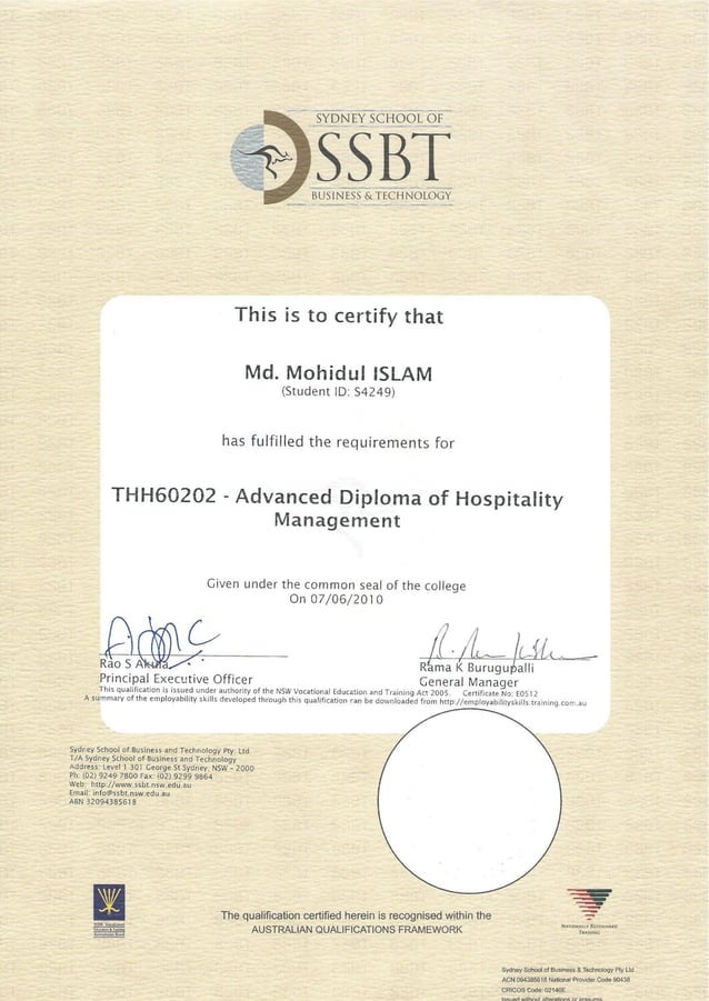 advenched diploma of hospitality management certificate | PDF
