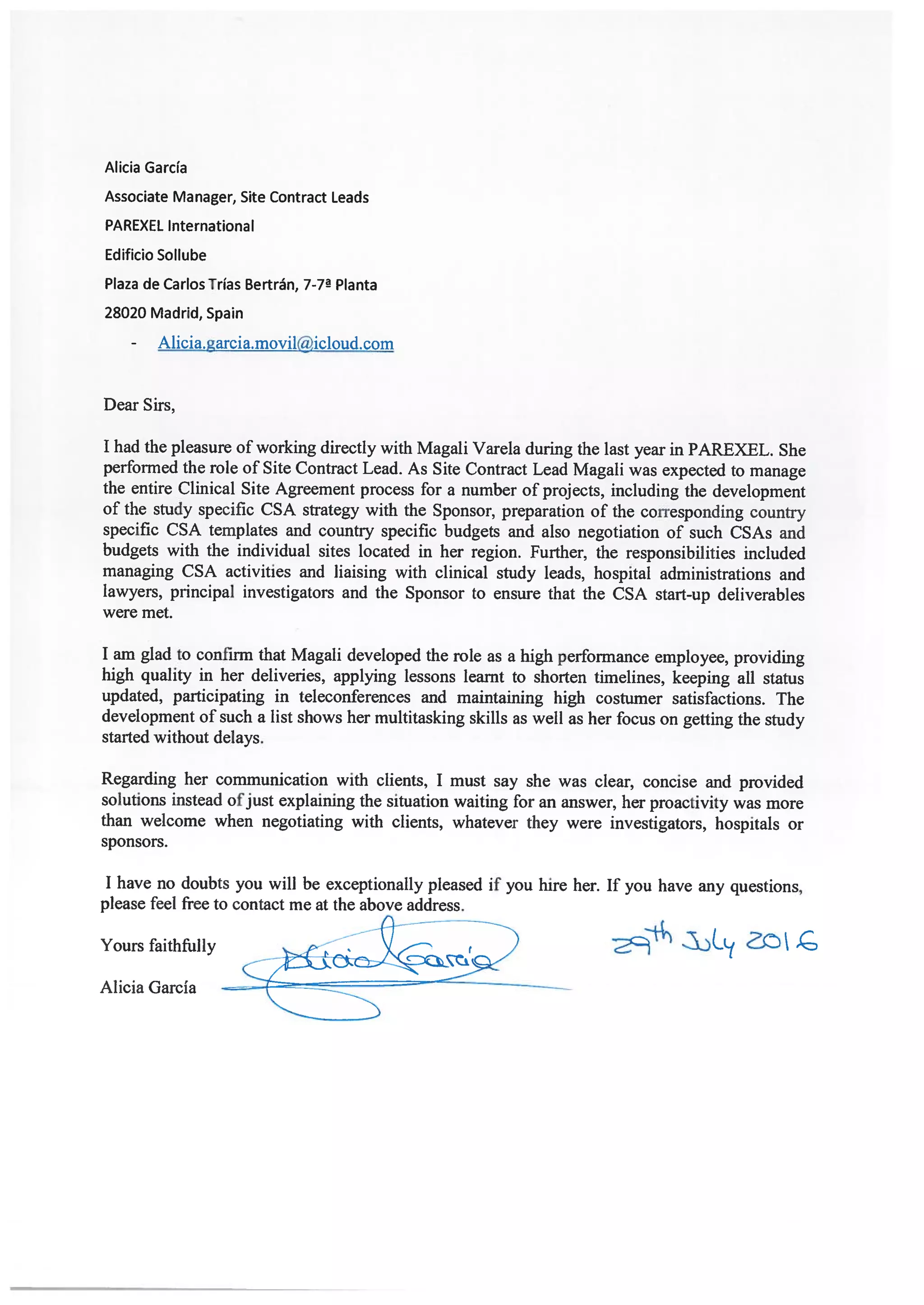 Recommendation Letter - Associate Manager Site Contract Leads | PDF