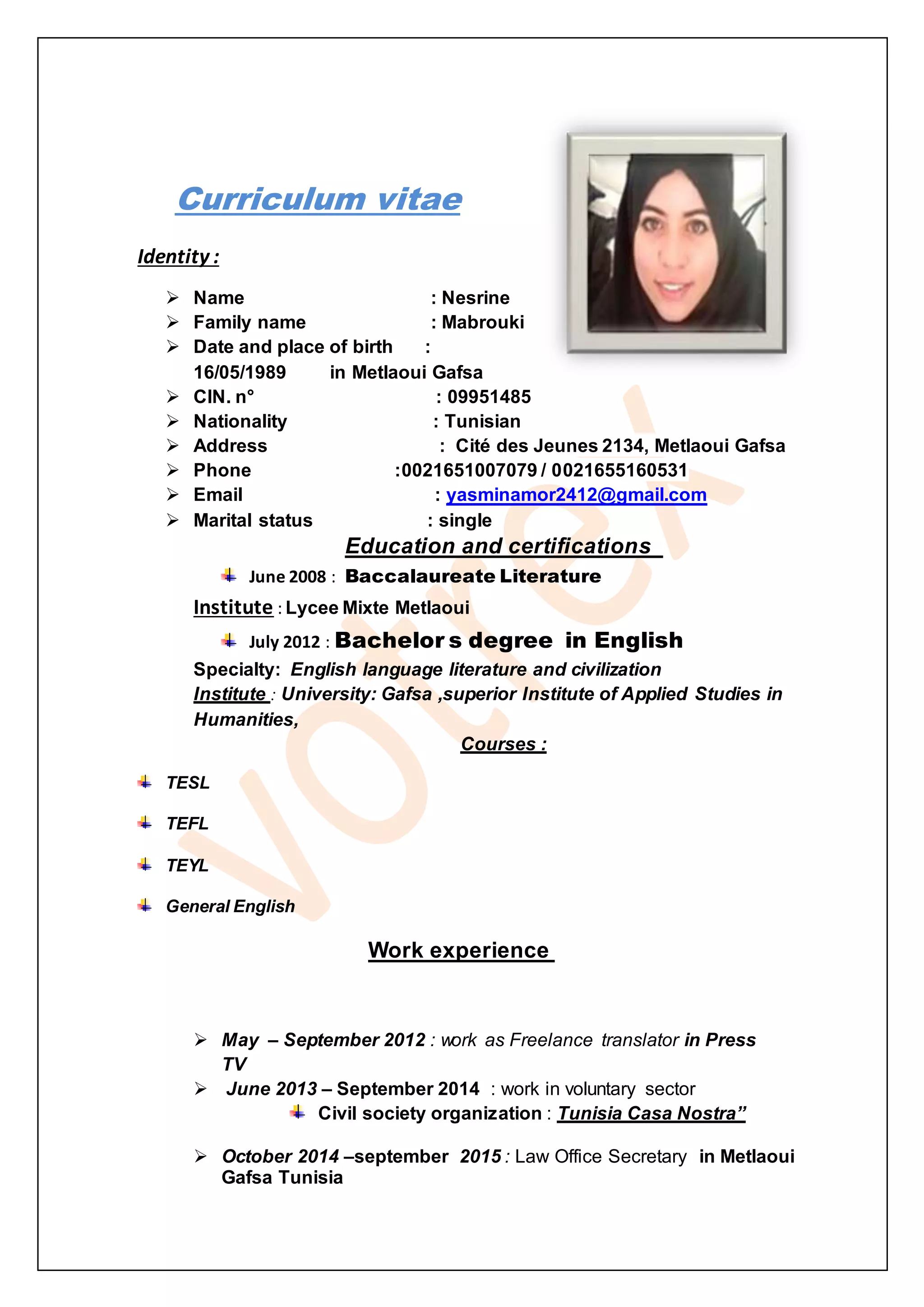 Cirriculum vitae.nesrine mabrouki | DOCX | Education