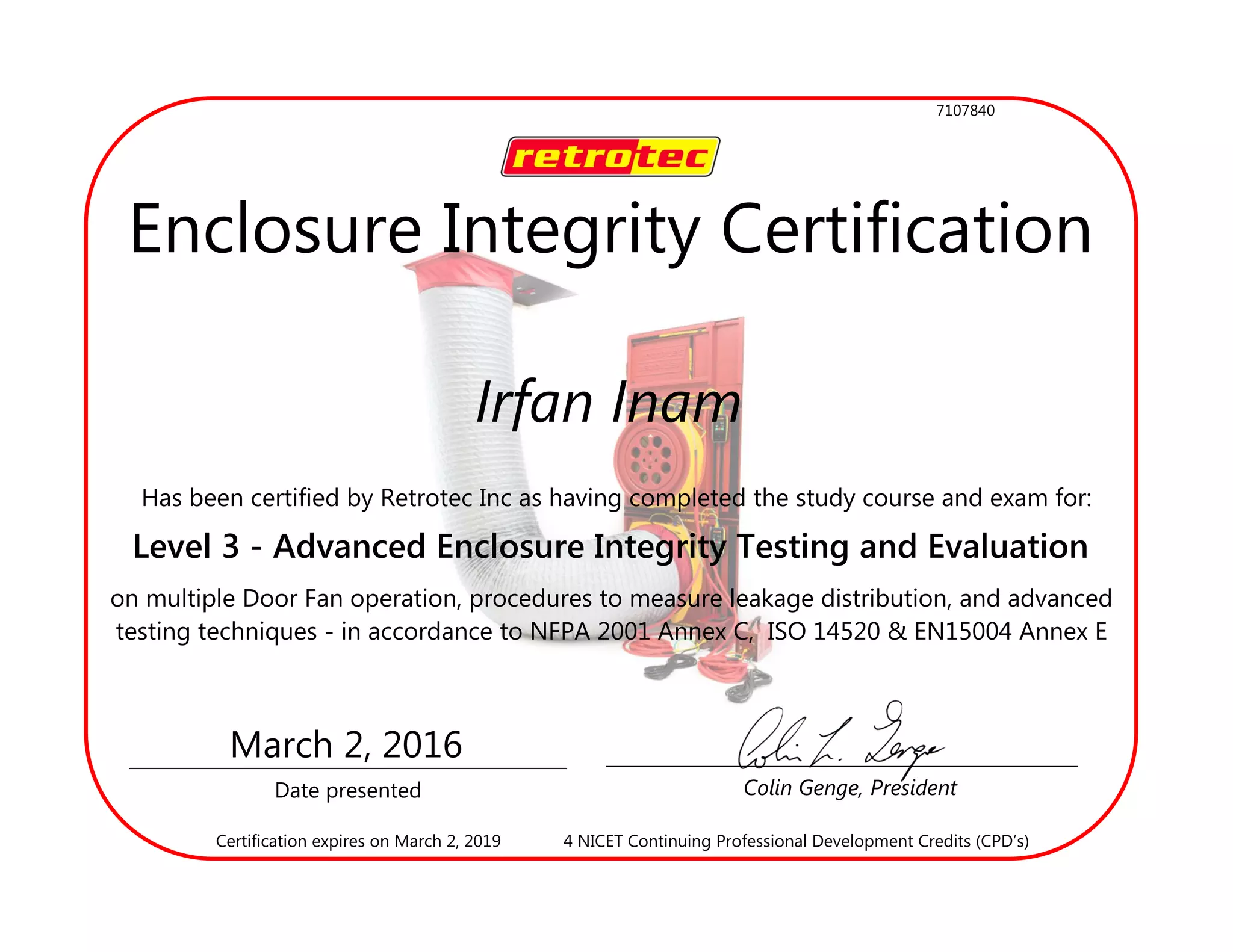 Room Integrity Certificate Level 3 - Irfan Inam | PDF