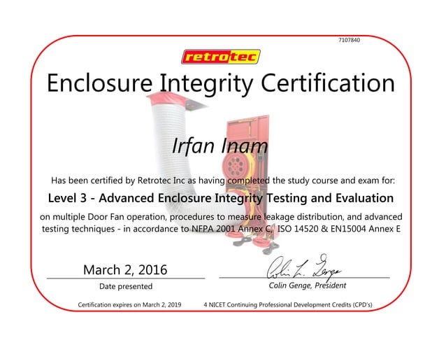 Room Integrity Certificate Level 3 - Irfan Inam | PDF
