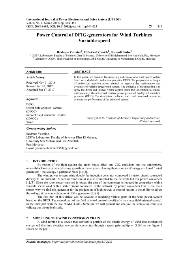Power Control Of Dfig Generators For Wind Turbines Variable Speed