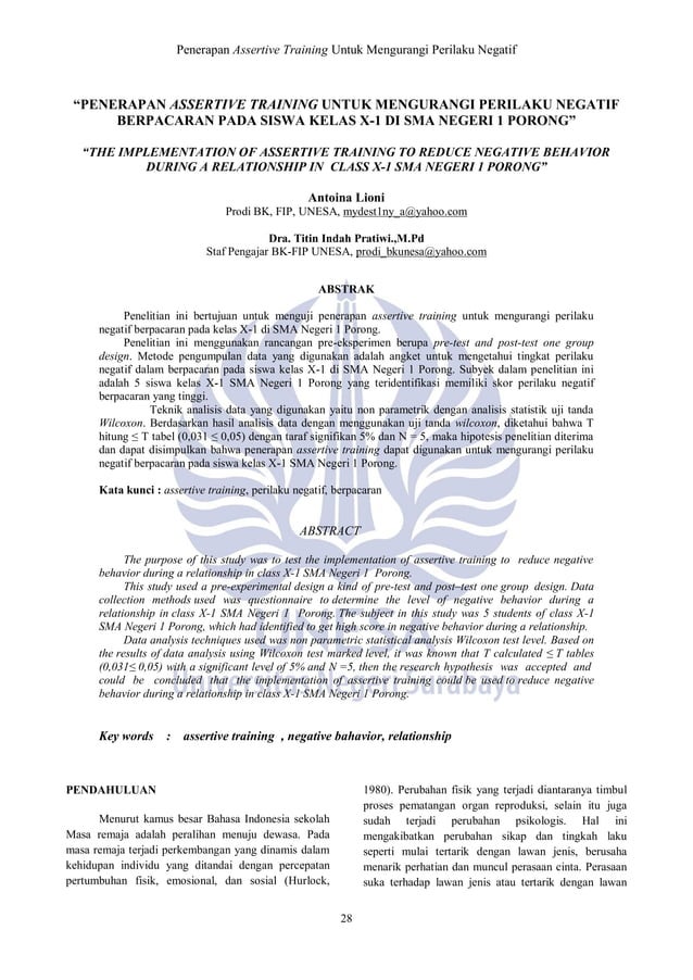“PENERAPAN ASSERTIVE TRAINING UNTUK MENGURANGI PERILAKU NEGATIF BERPACARAN PADA SISWA KELAS X-1 ...