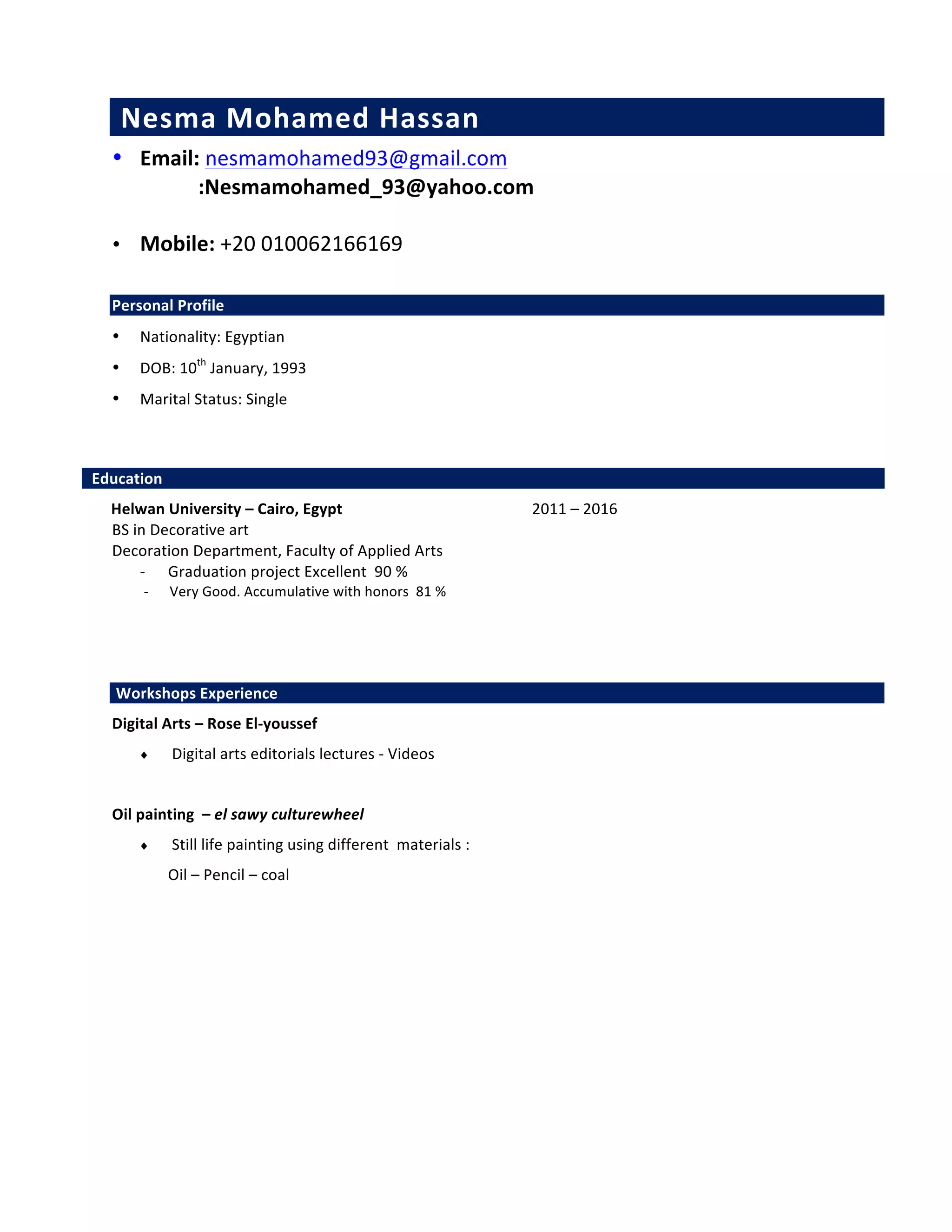 Nesma Mohamed Hassan C.V | PDF | Painting | Arts and Crafts