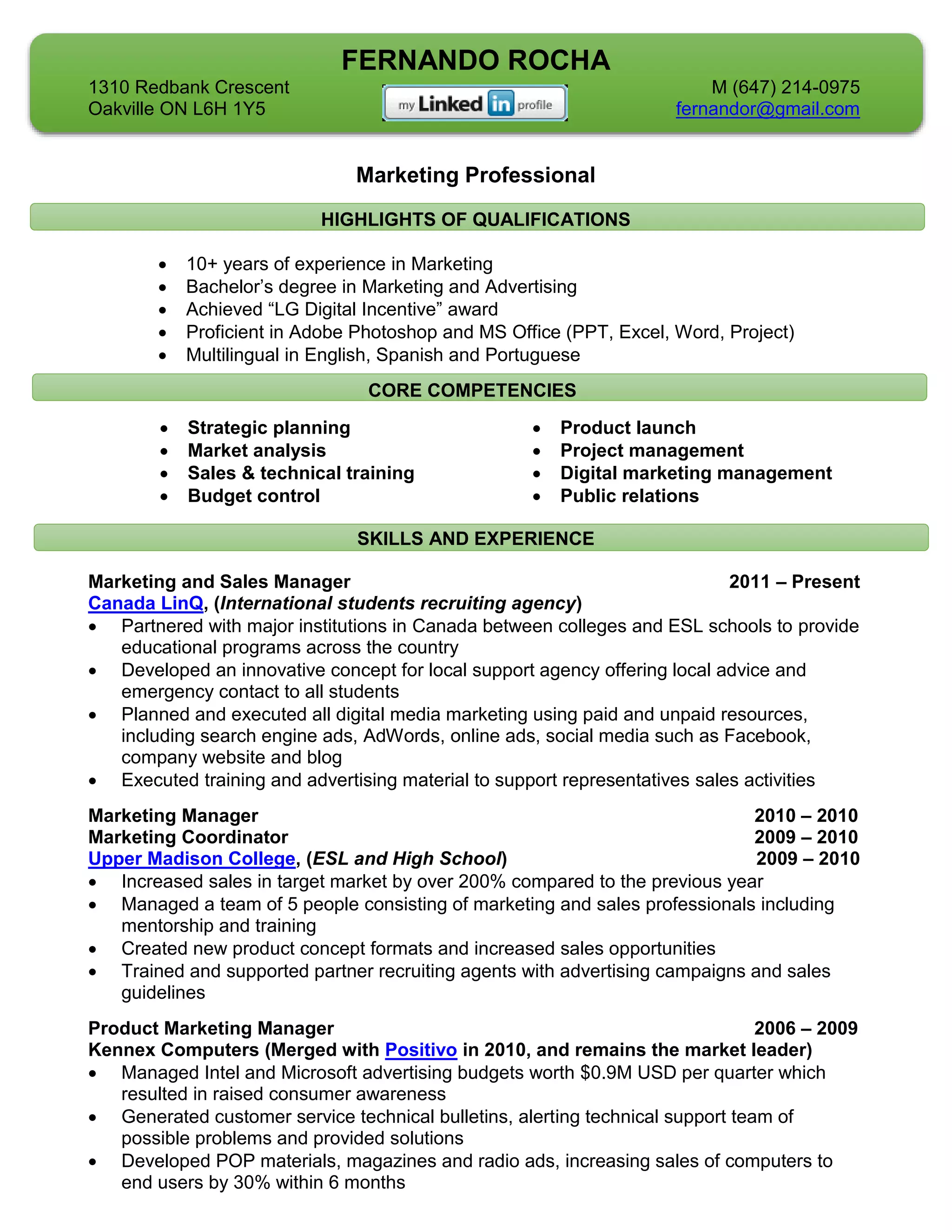 Resume Fernando Rocha B-16 chronological | PDF